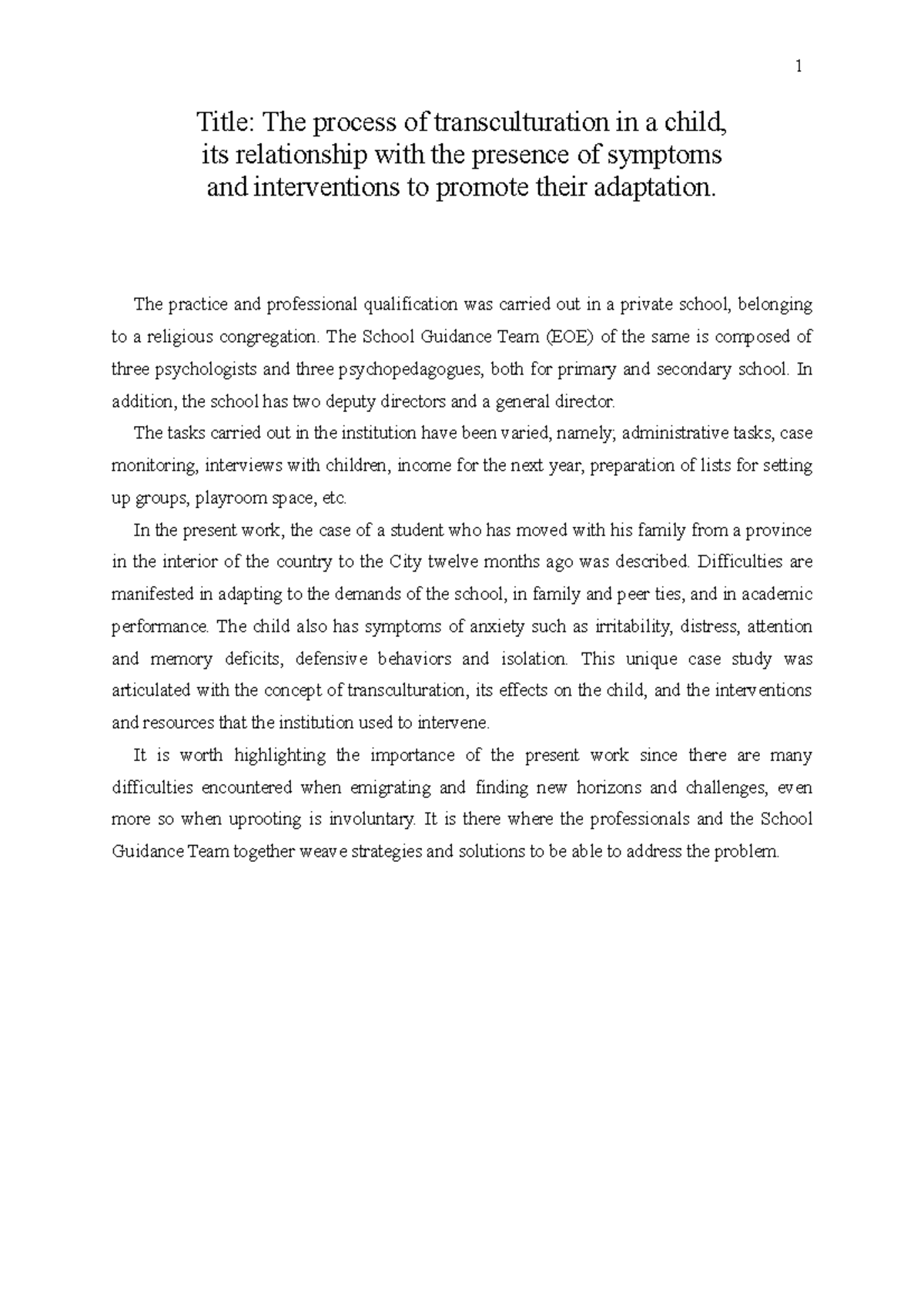 Transculturation in a Child: Symptoms Interventions and Adaptation ...