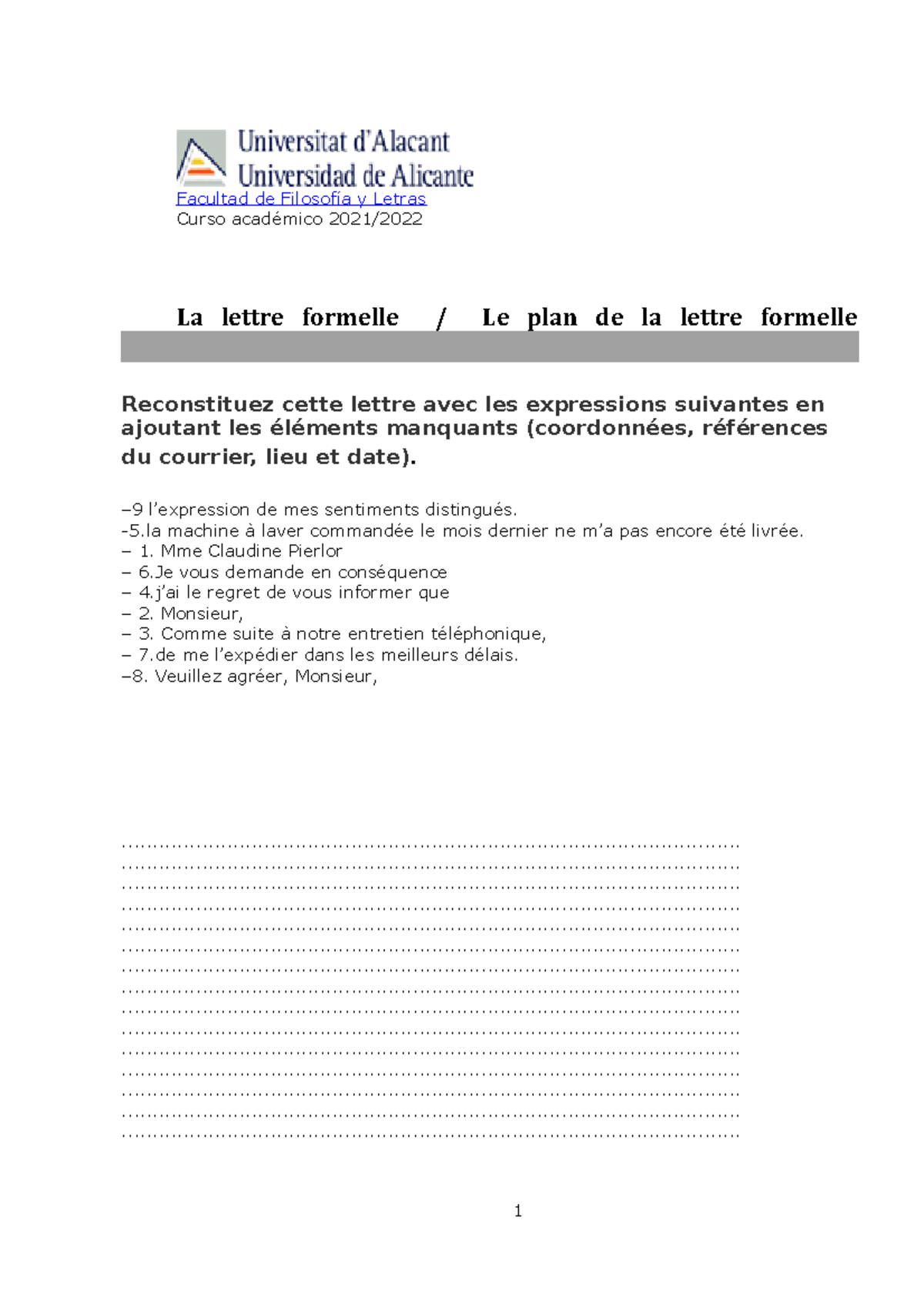Lettre Formelle - ####### Curso académico 2021/ La lettre formelle / Le plan de la lettre ...