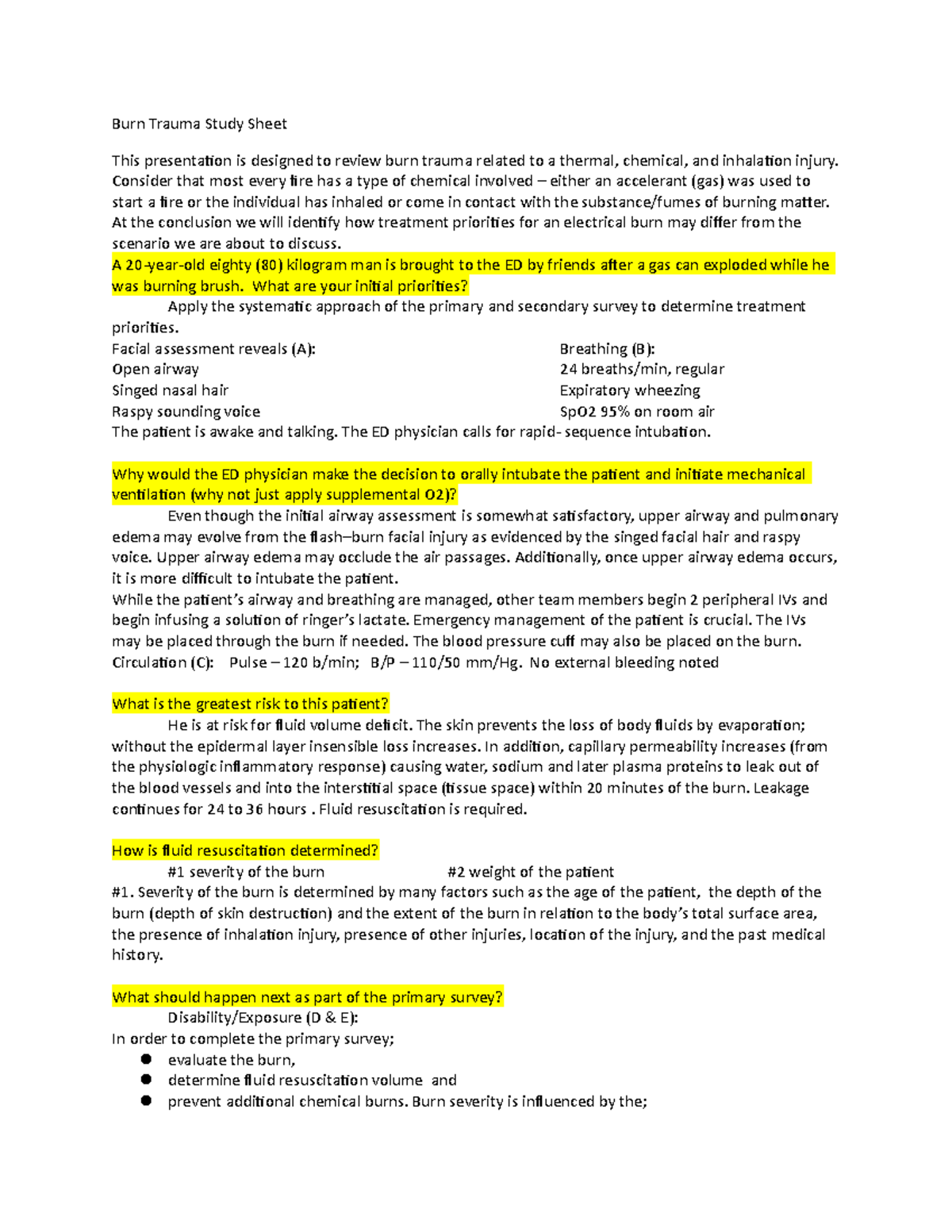 Burn Trauma Study Sheet: Student Success - NURS 4581 - UT Arlington ...