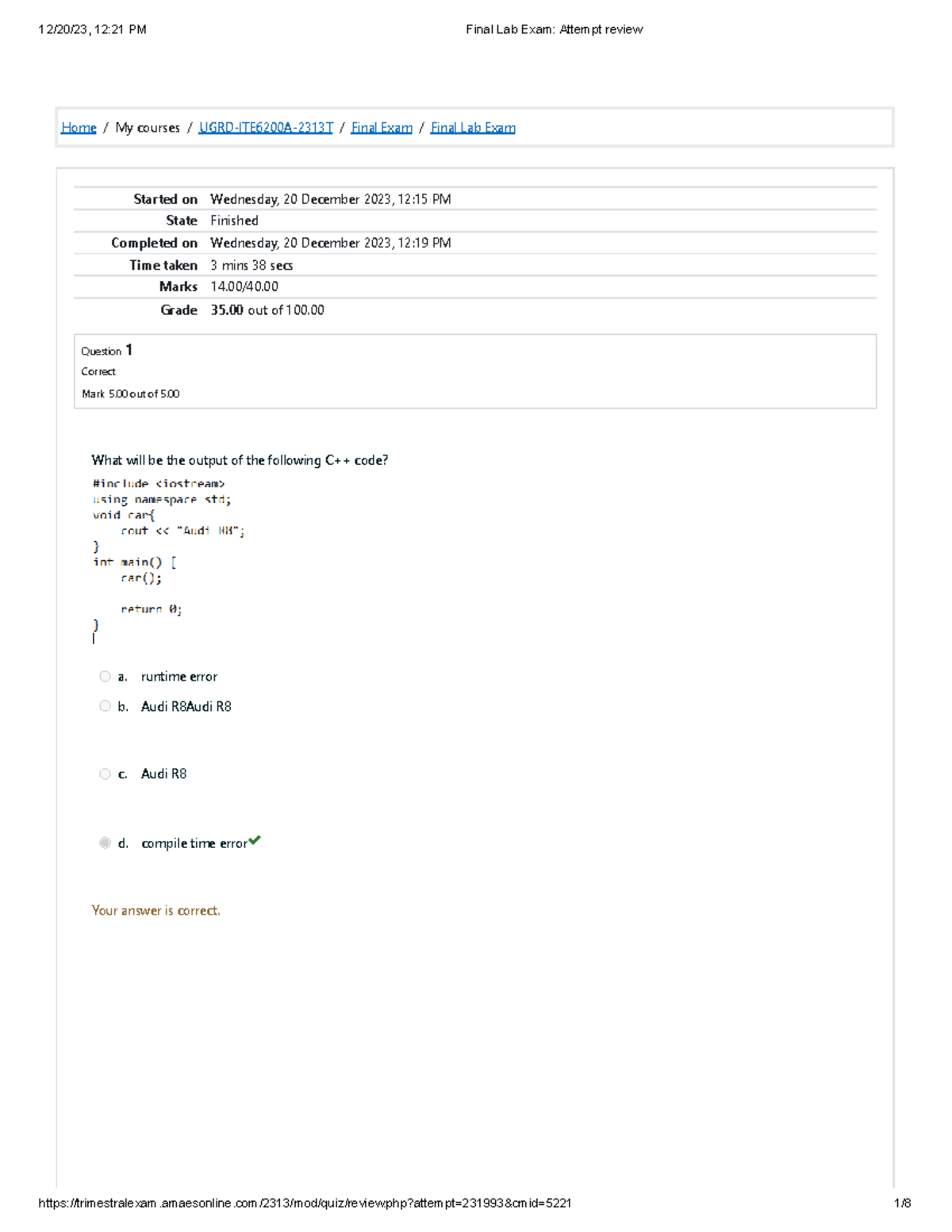 Final Lab Exam Attempt review - Home / My courses / UGRD-ITE6200A-2313T ...