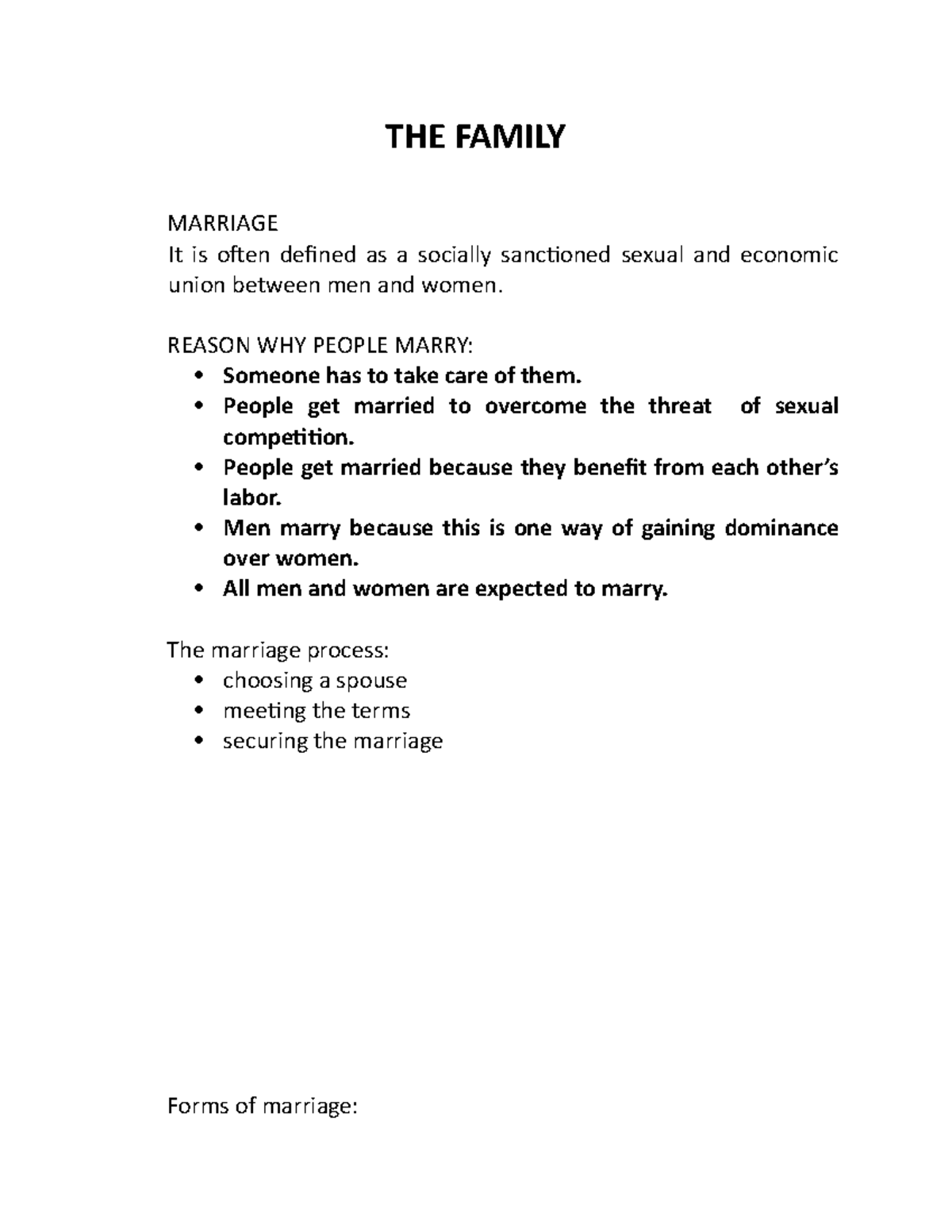 THE Family (Notes) - THE FAMILY MARRIAGE It is often defined as a ...