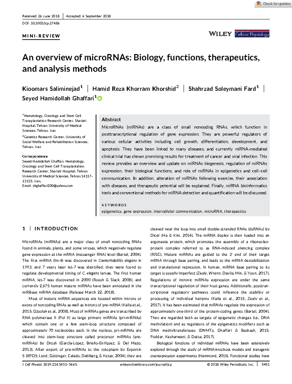 Journal Cellular Physiology - 2018 - Saliminejad - An overview of micro ...