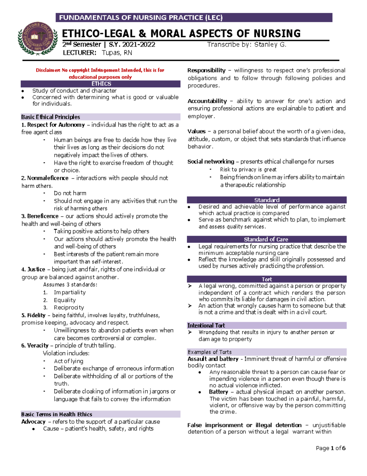 Transes Ethico-legal in Nursing - Study Guide & Notes (Fundamentals in ...