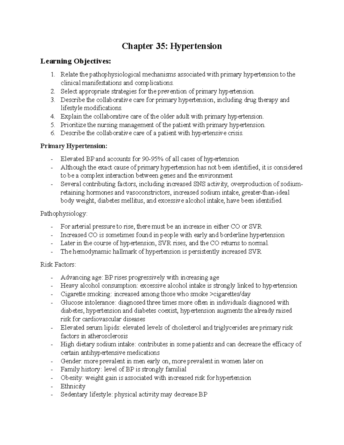 Chapter 35 - Chapter 35: Hypertension Learning Objectives: Relate the ...