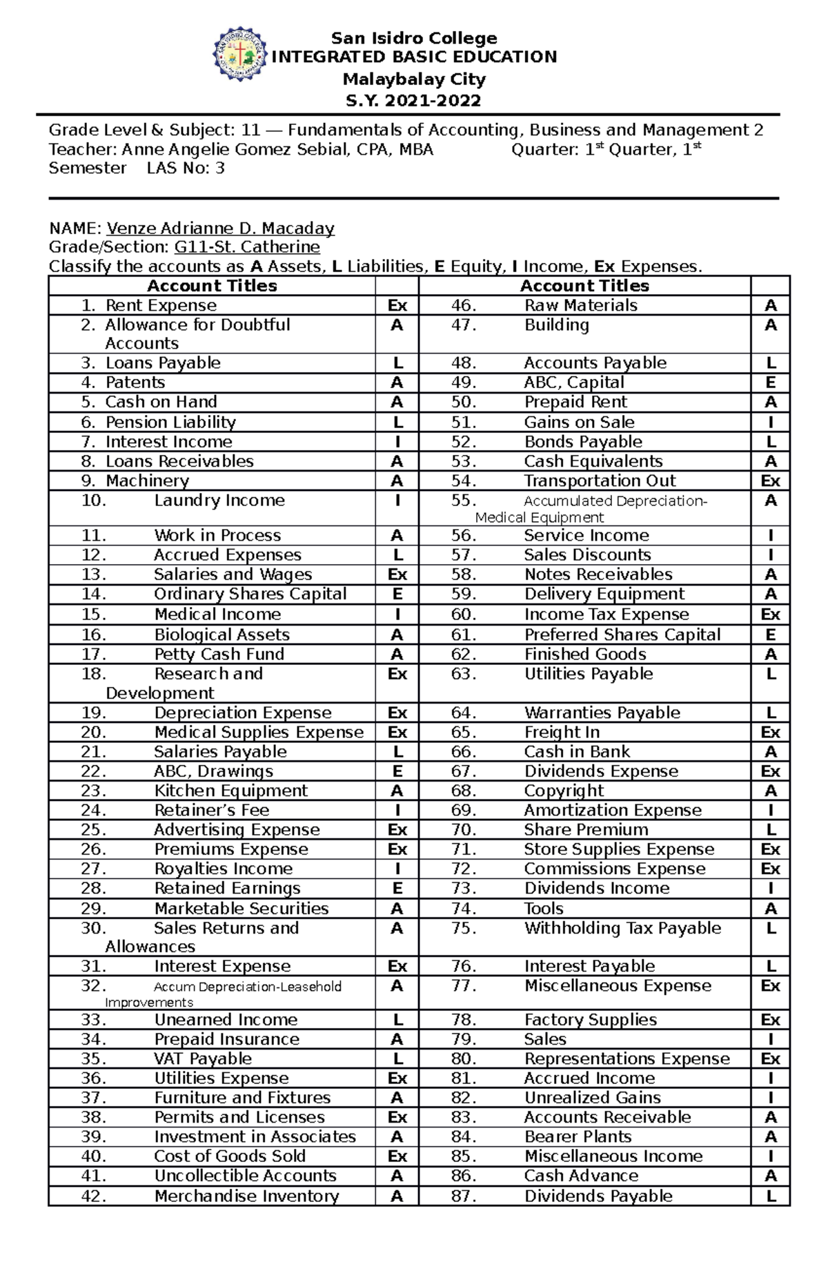 Accounting LAS Elements of FS ABM G11-St. Catherine, Macaday, Venze ...
