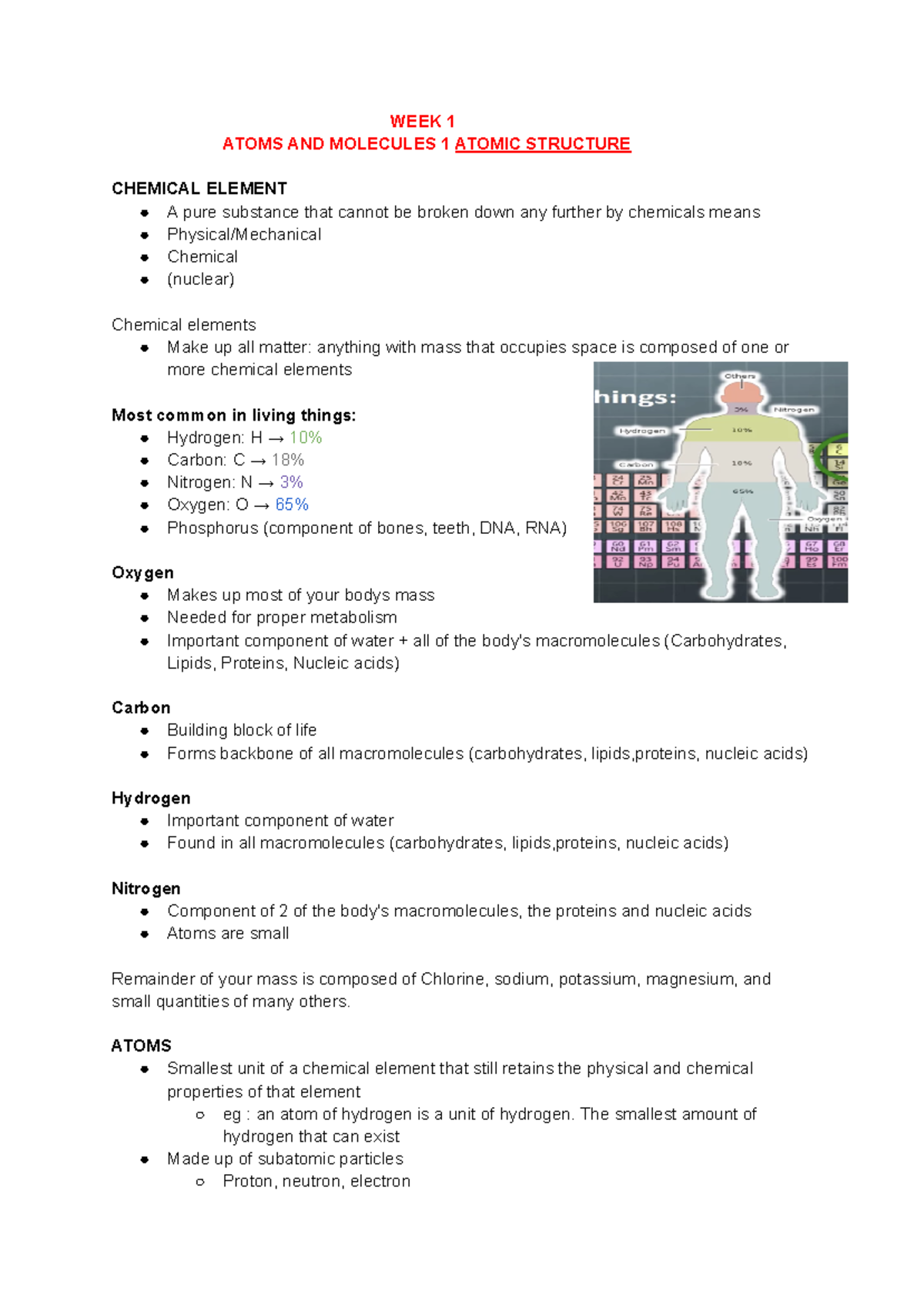 BIO 1130 - Unit 1-10 - WEEK 1 ATOMS AND MOLECULES 1 ATOMIC STRUCTURE ...