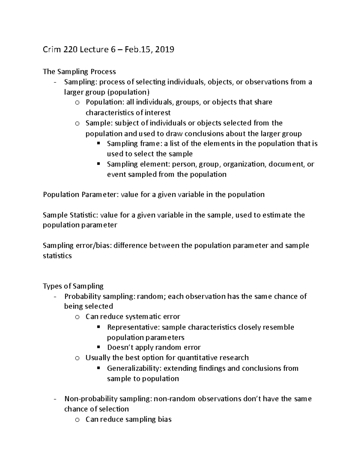 Crim 220 Lecture 6 - Crim 220 Lecture 6 – Feb, 2019 The Sampling Process - Sampling: process of ...