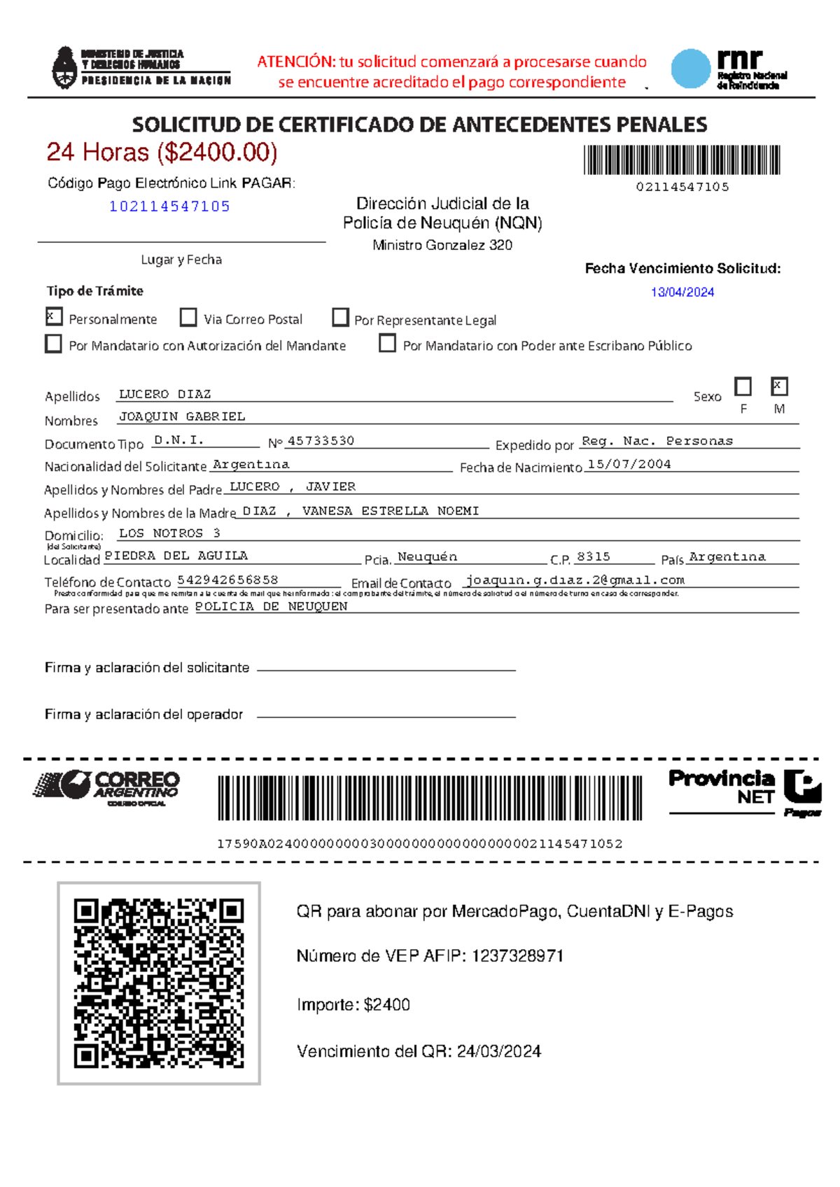 Solicitud RNR-1 - Para ser premiun - Lugar y Fecha Personalmente Via Correo Postal Por ...