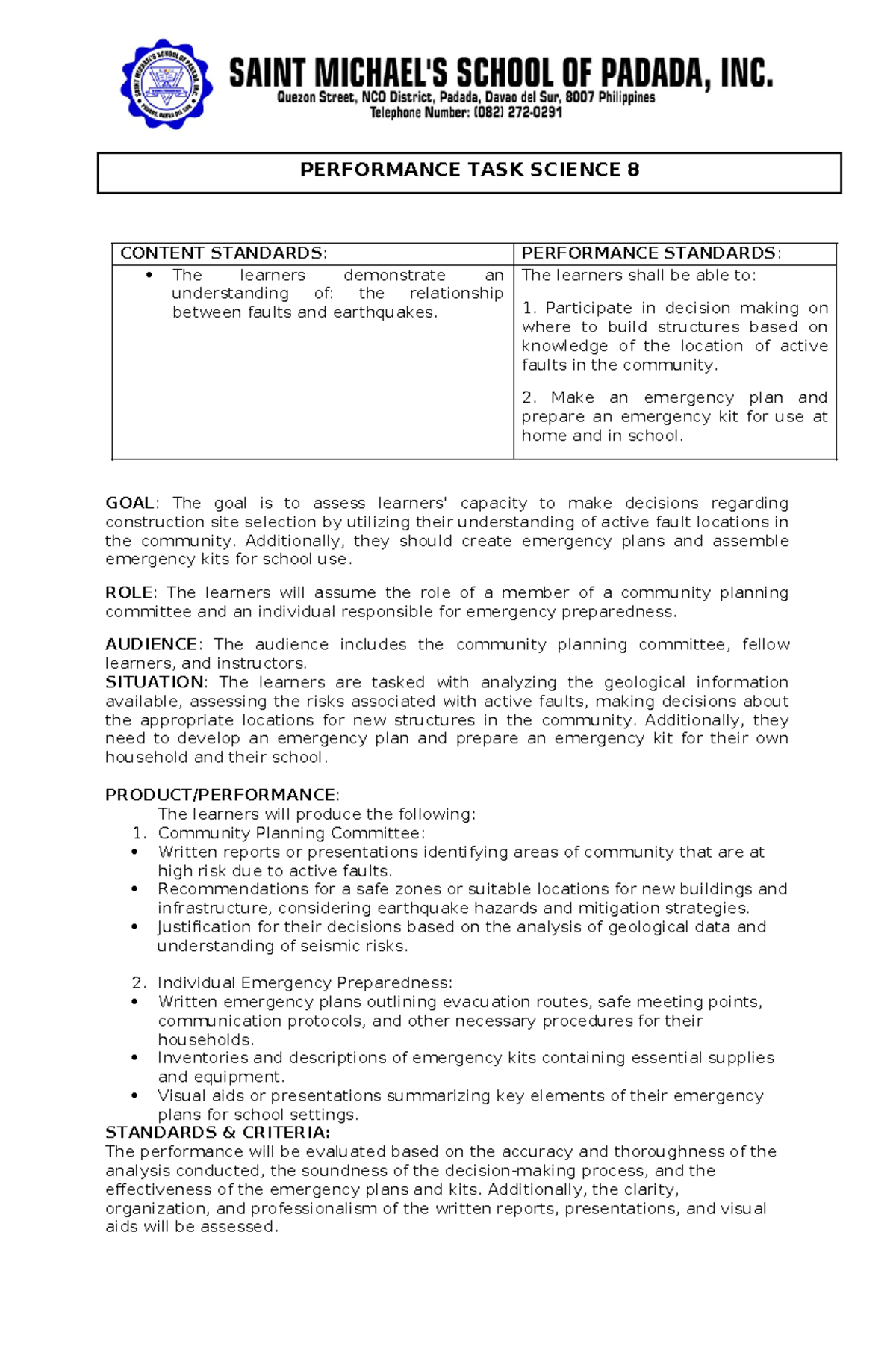 2ND Quarter Performance TASK SCIE 8 - CONTENT STANDARDS: PERFORMANCE ...