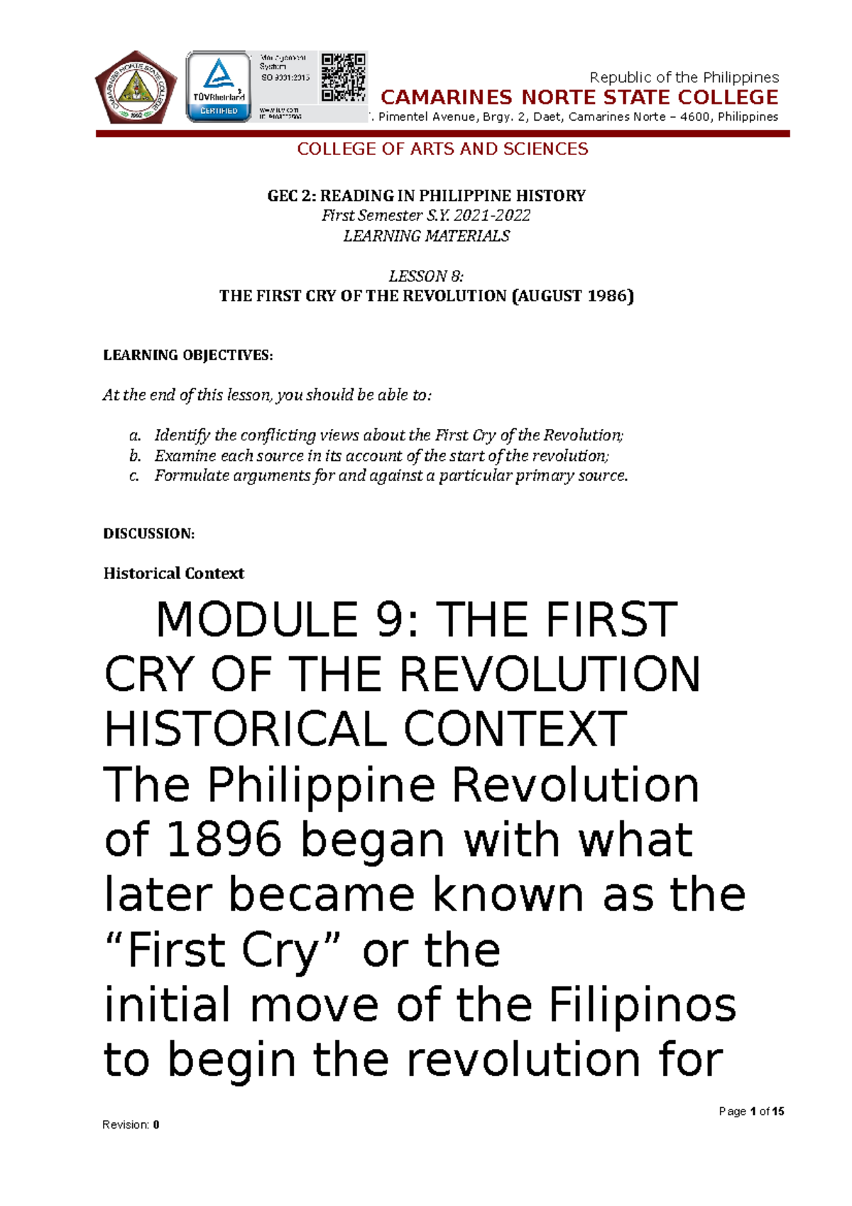 Lesson 8 The First Cry of Revolution - CAMARINES NORTE STATE COLLEGE F ...