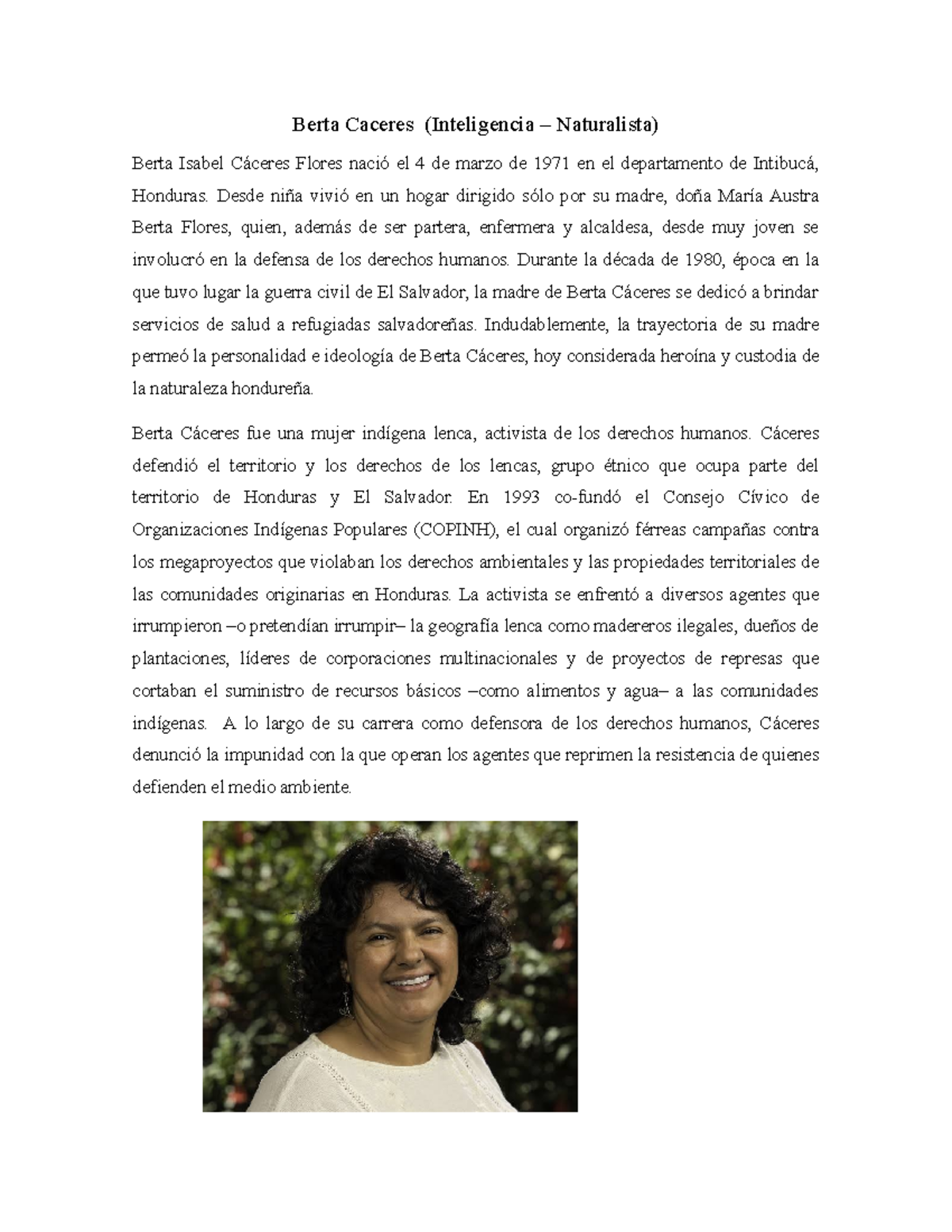 Berta Caceres bibliografia - Berta Caceres (Inteligencia – Naturalista ...
