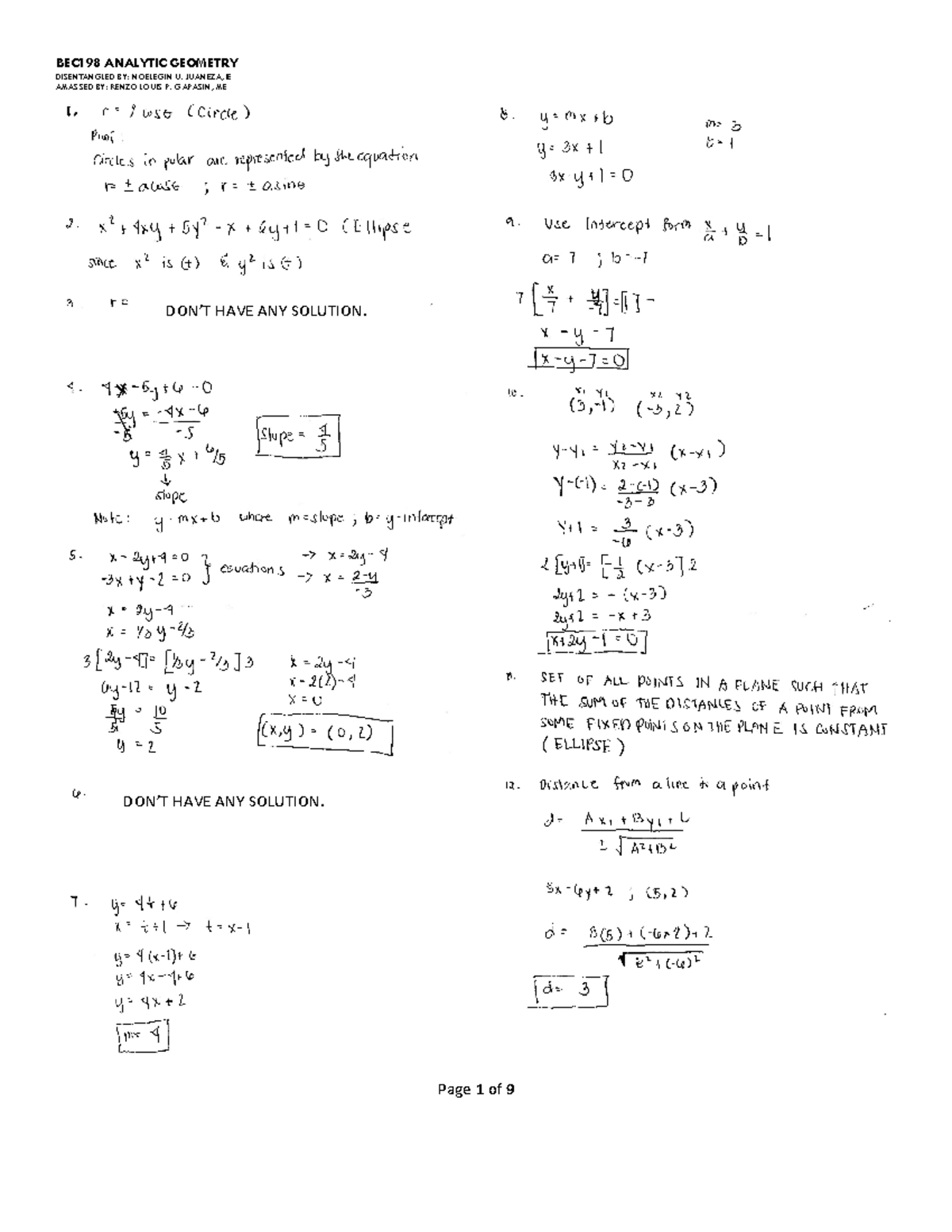 BEC198-Solutions Analytic Geometry data banks v2 - Basic engineering correlation - Studocu