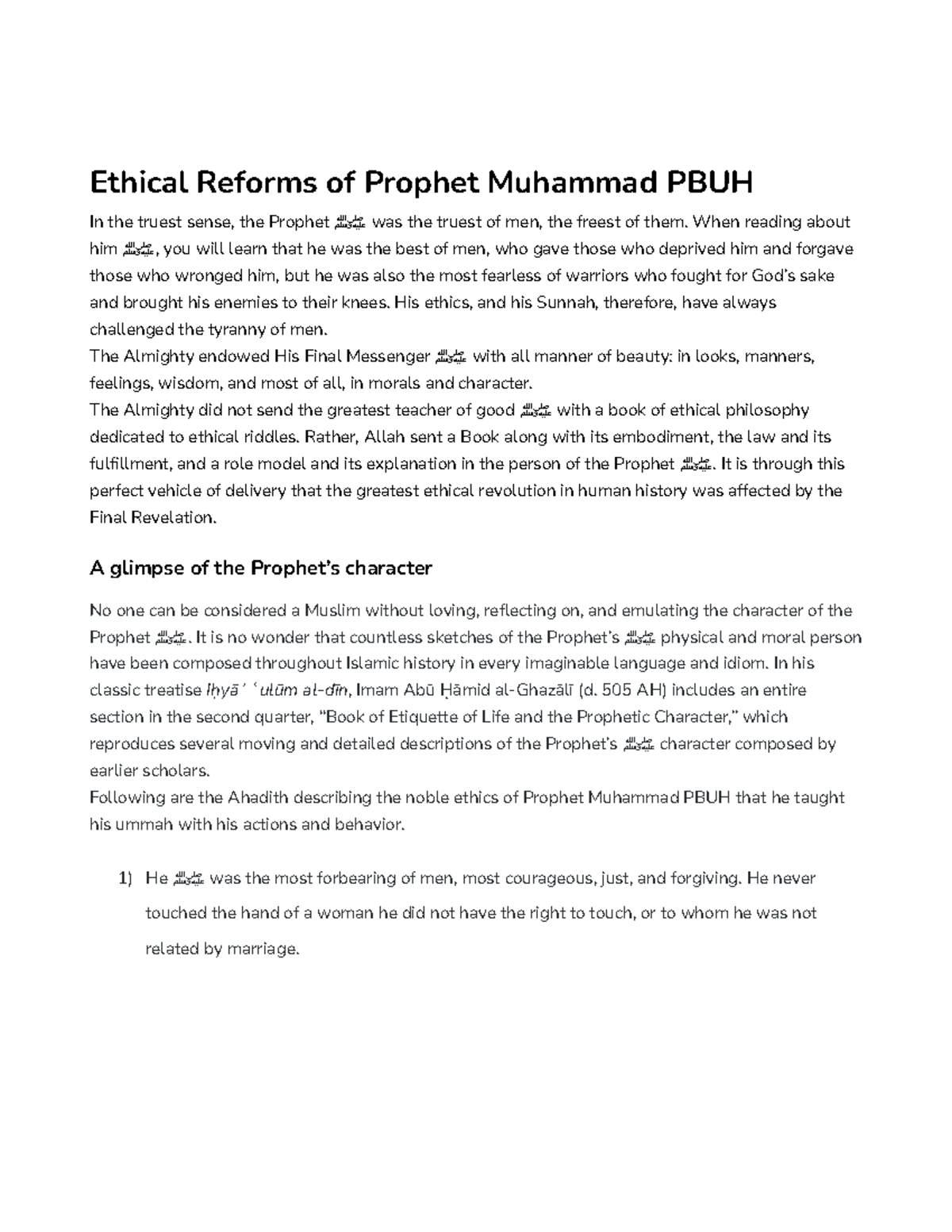 Islamic Studies notes 6 - Ethical Reforms of Prophet Muhammad PBUH In ...