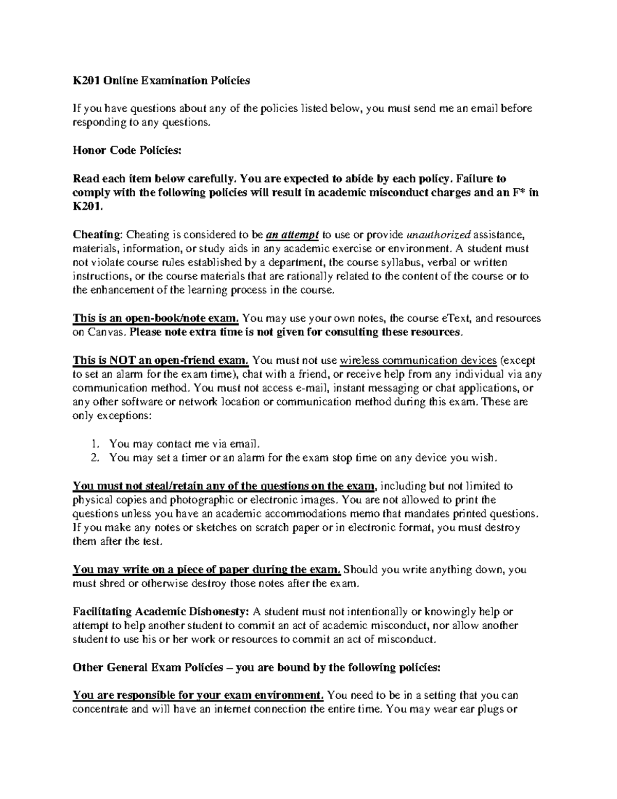 K201Lecture Exam Policies - K201 Online Examination Policies If you ...