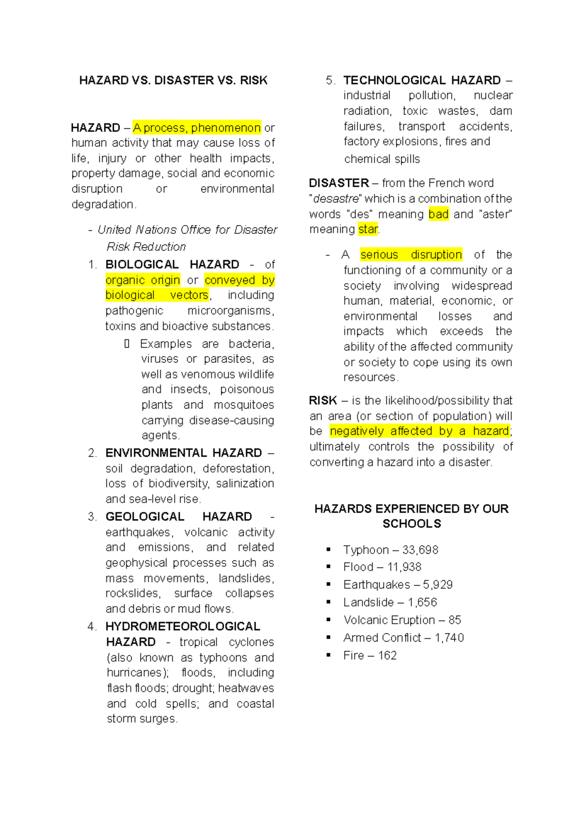 DRRR- Reviewer - HAZARD VS. DISASTER VS. RISK HAZARD – A process ...