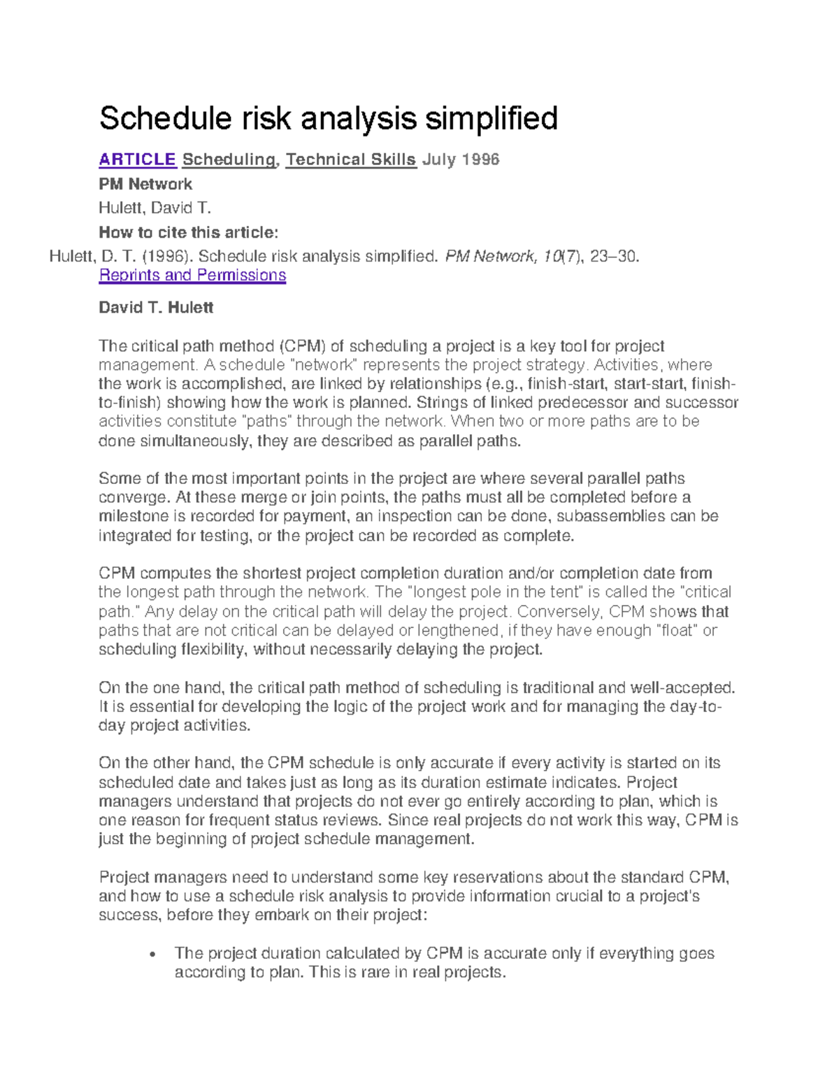 Case 1 - Schedule risk analysis simplified ARTICLE Scheduling ...