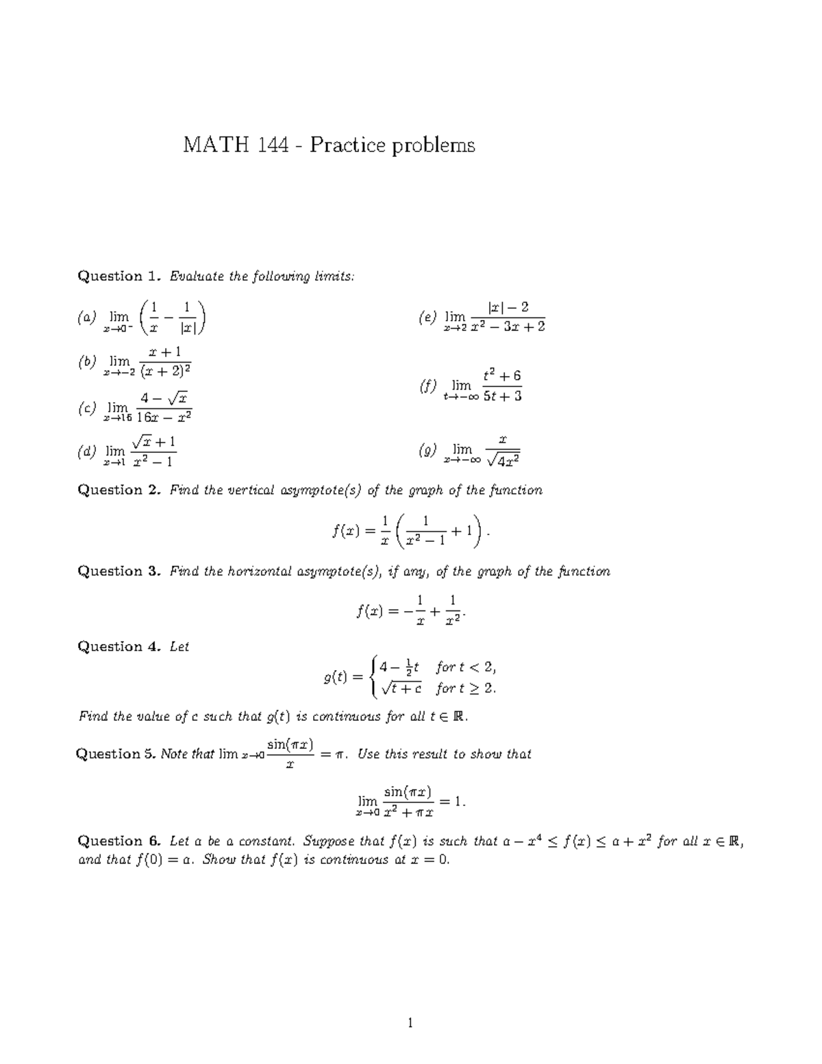Practice problems quiz 1 - MATH 144 - Practice problems Question 1 ...