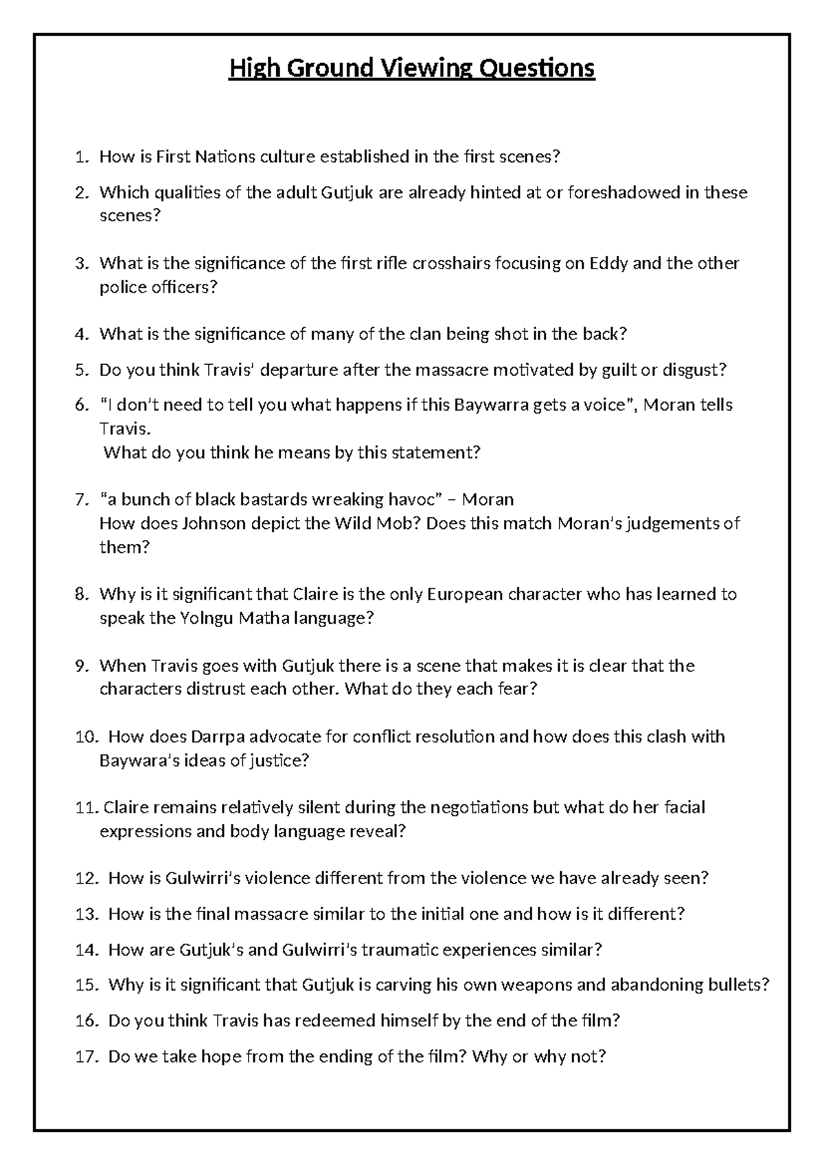 High Ground Viewing Questions - How is First Nations culture ...