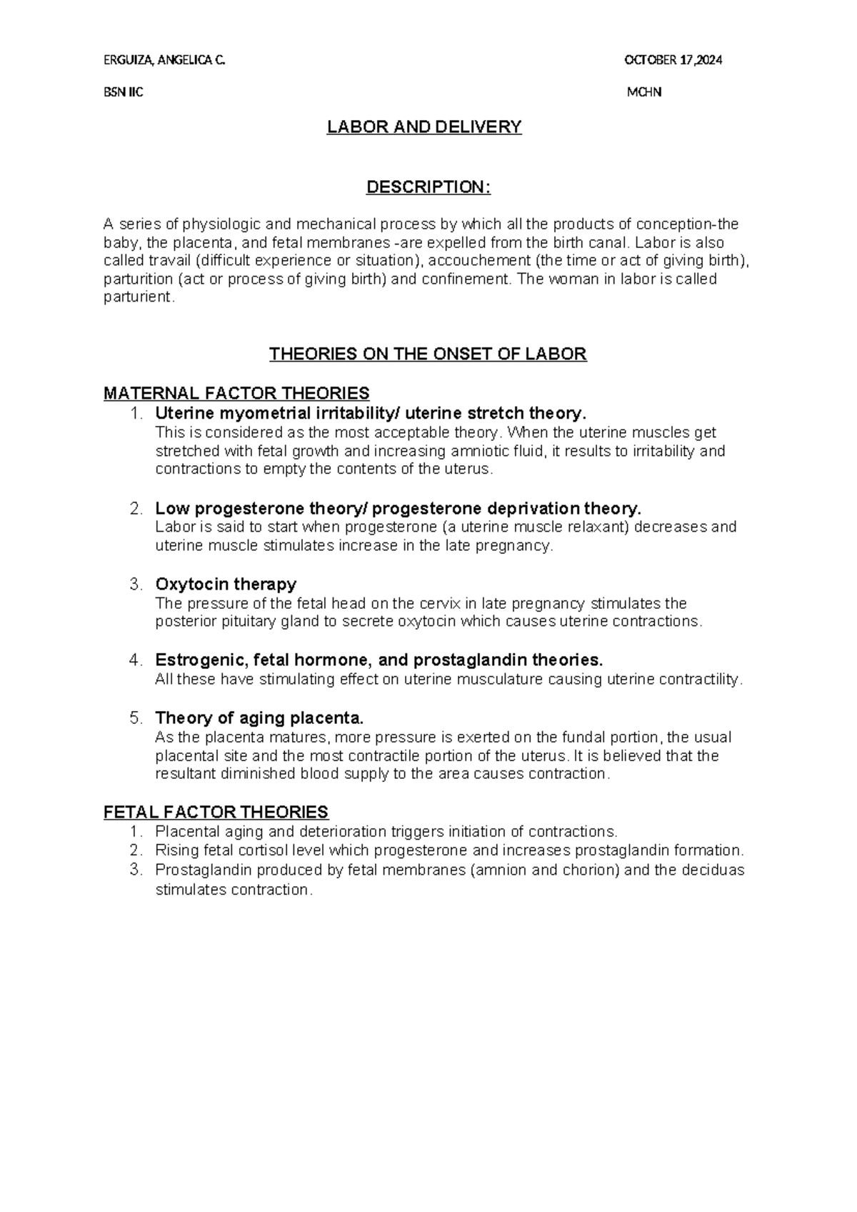 Theories OF Labor - BSN IIC MCHN LABOR AND DELIVERY DESCRIPTION: A ...