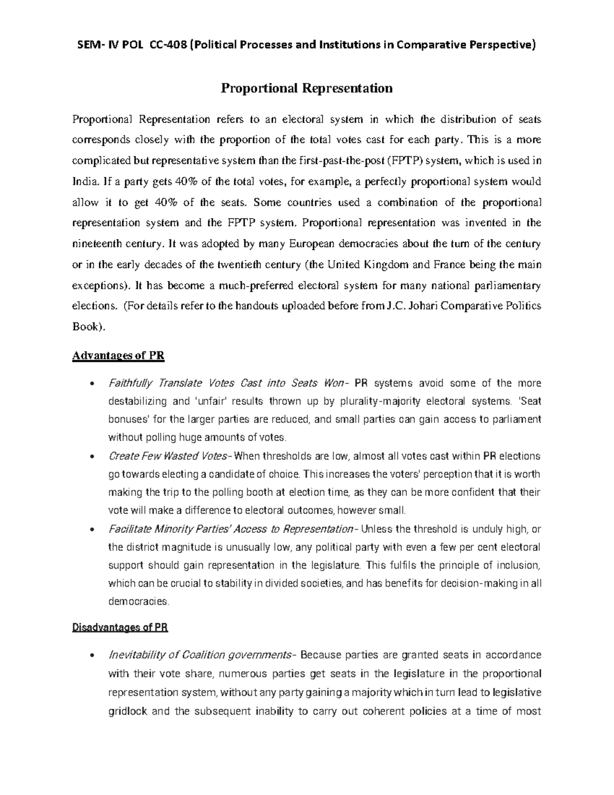 Proportional Representation - SEM- IV POL CC-408 (Political Processes ...