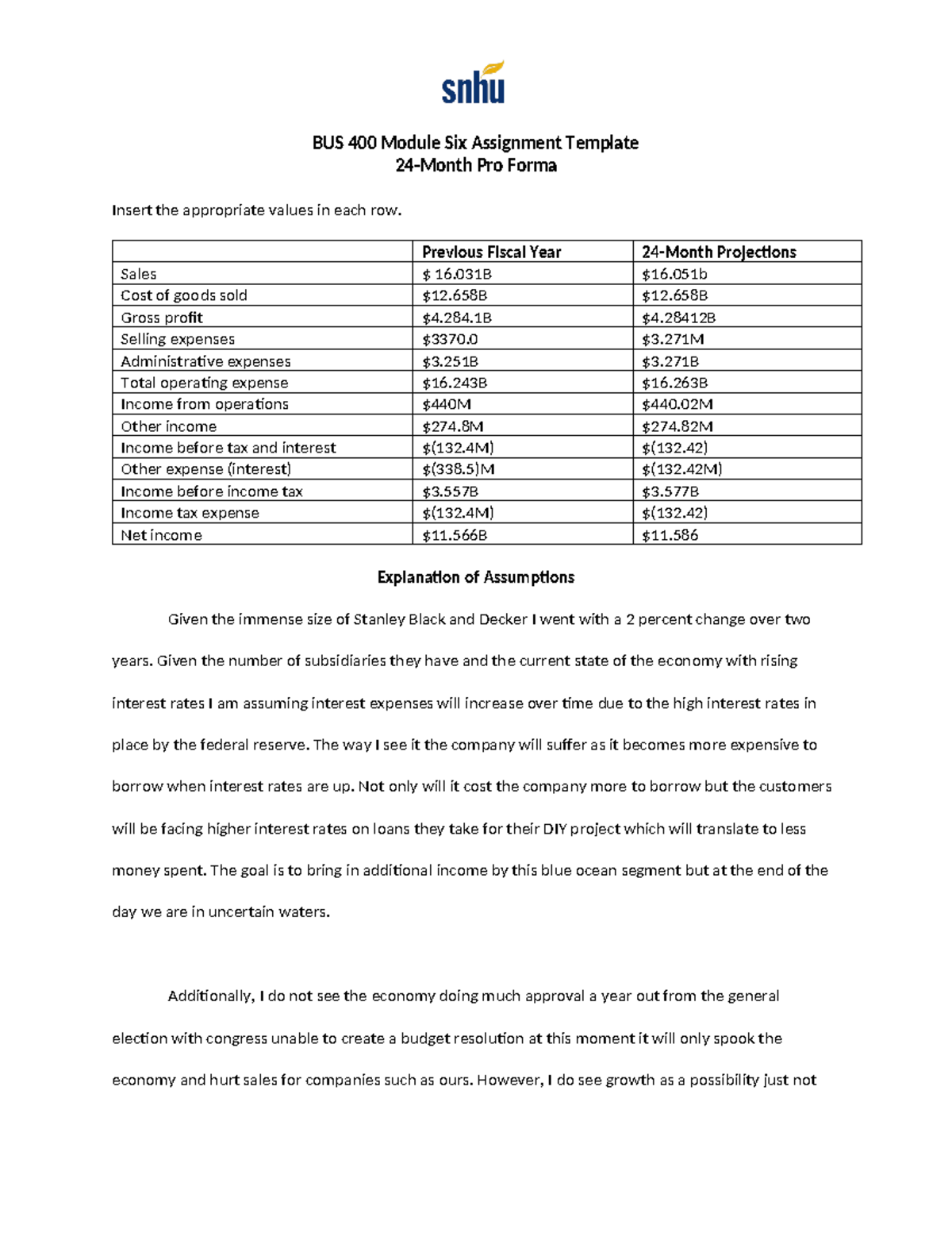 BUS 400 Module Six Assignment - Previous Fiscal Year 24-Month ...