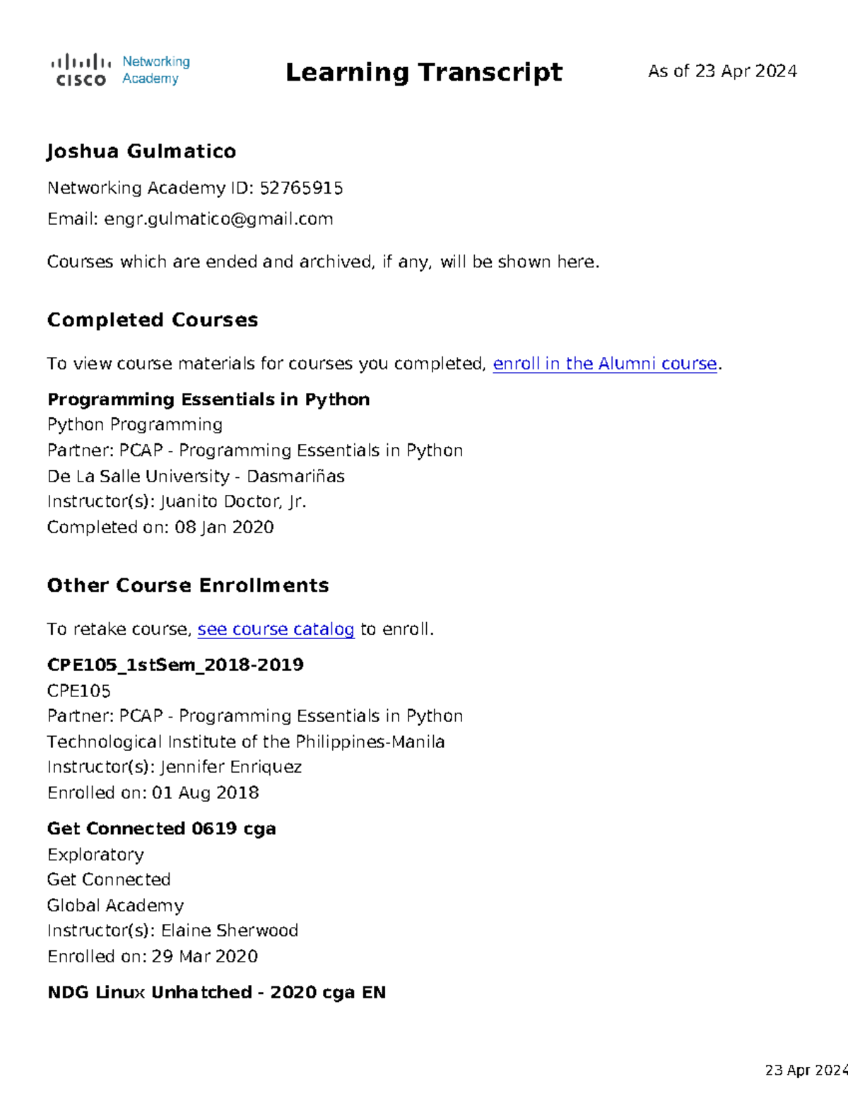 Net Acad Learning Transcript Learning Transcript As Of 23 Apr 2024 Joshua Gulmatico Networking