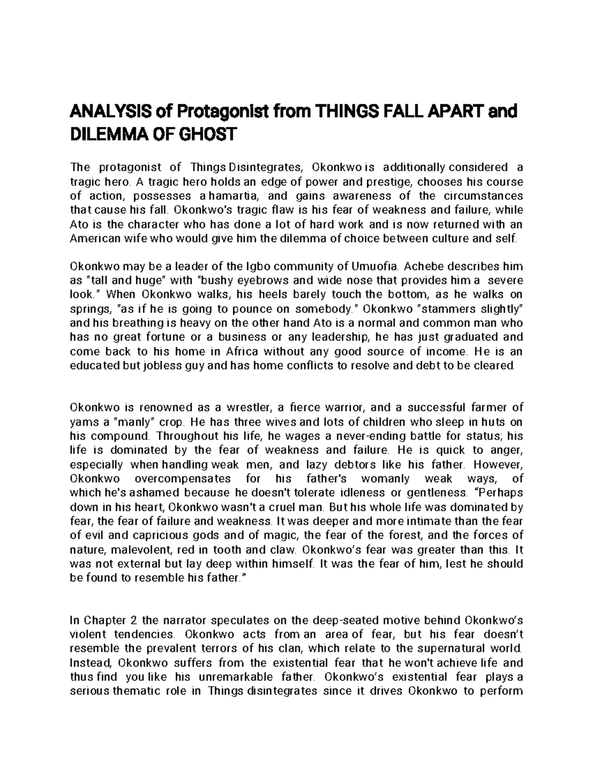 Analysis of Protagonist from Things FALL Apart and Dilemma OF Ghost ...