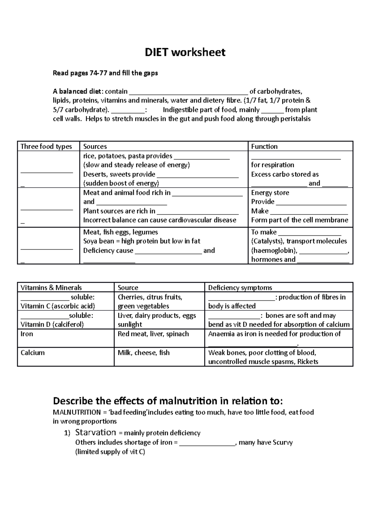 Animal nutrition worksheet 2nd Biology - DIET worksheet Read pages 74 ...