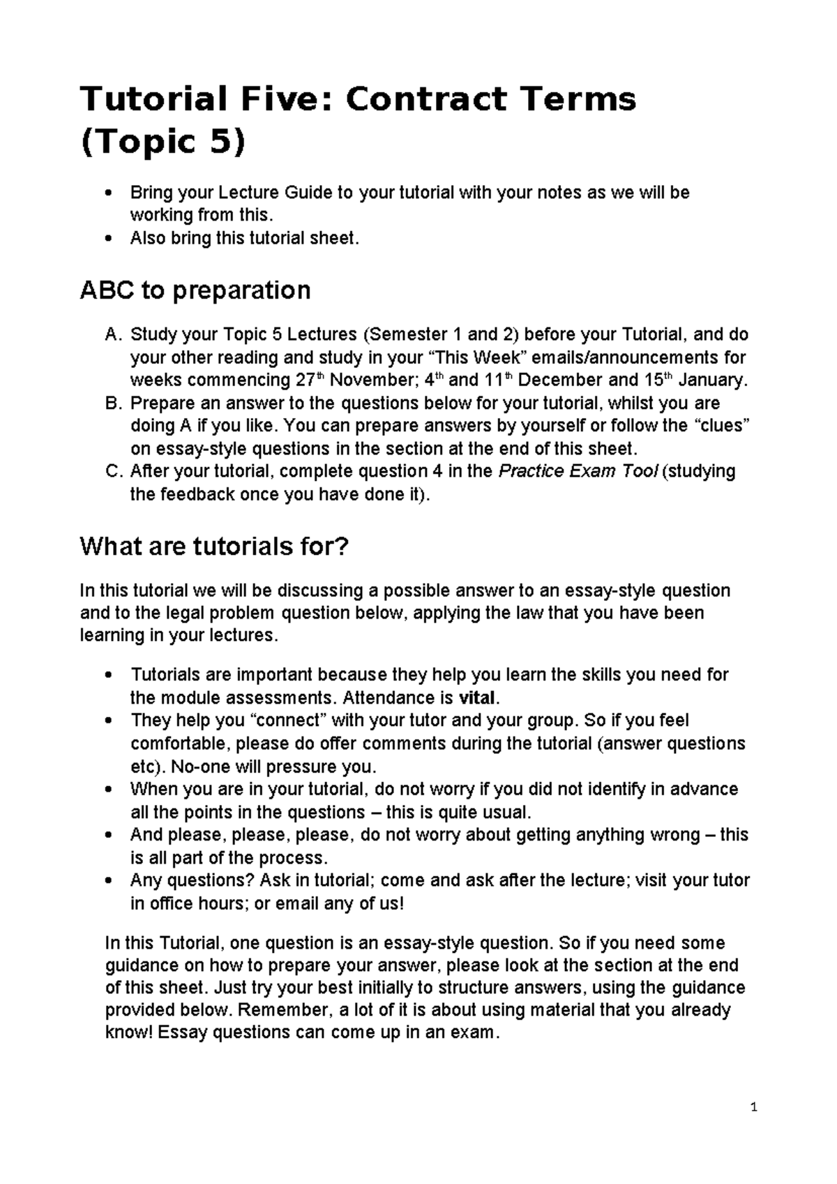 Contract Tutorial 5 Contract Terms - Tutorial Five: Contract Terms (Topic 5) Bring your Lecture ...