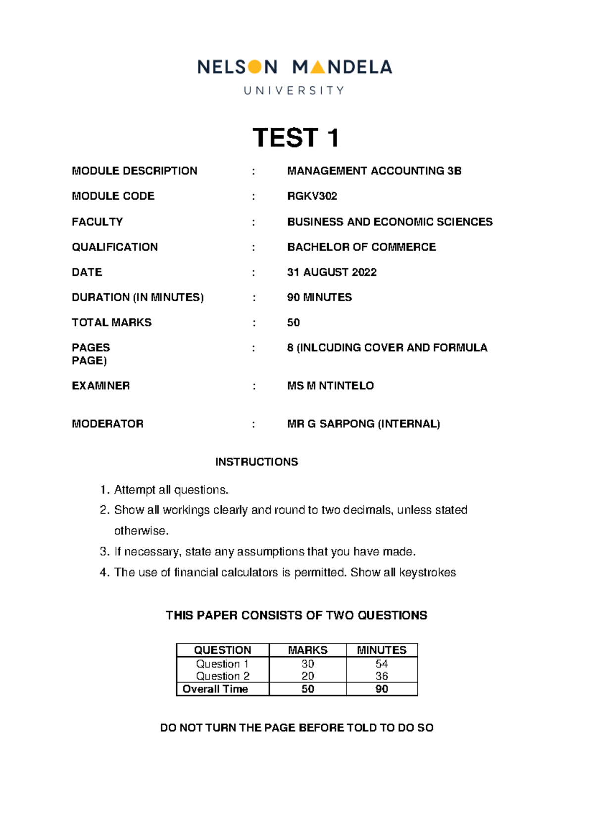 RGKV302 TEST 1 2022 - summary term 3 - TEST 1 MODULE DESCRIPTION ...