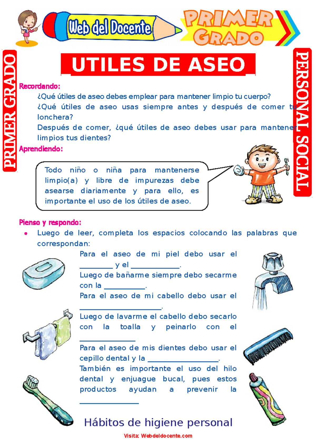 Utiles de Aseo para Primer Grado de Primaria - Personal Social UTILES DE ASEO Recordando: ¿Qué ...