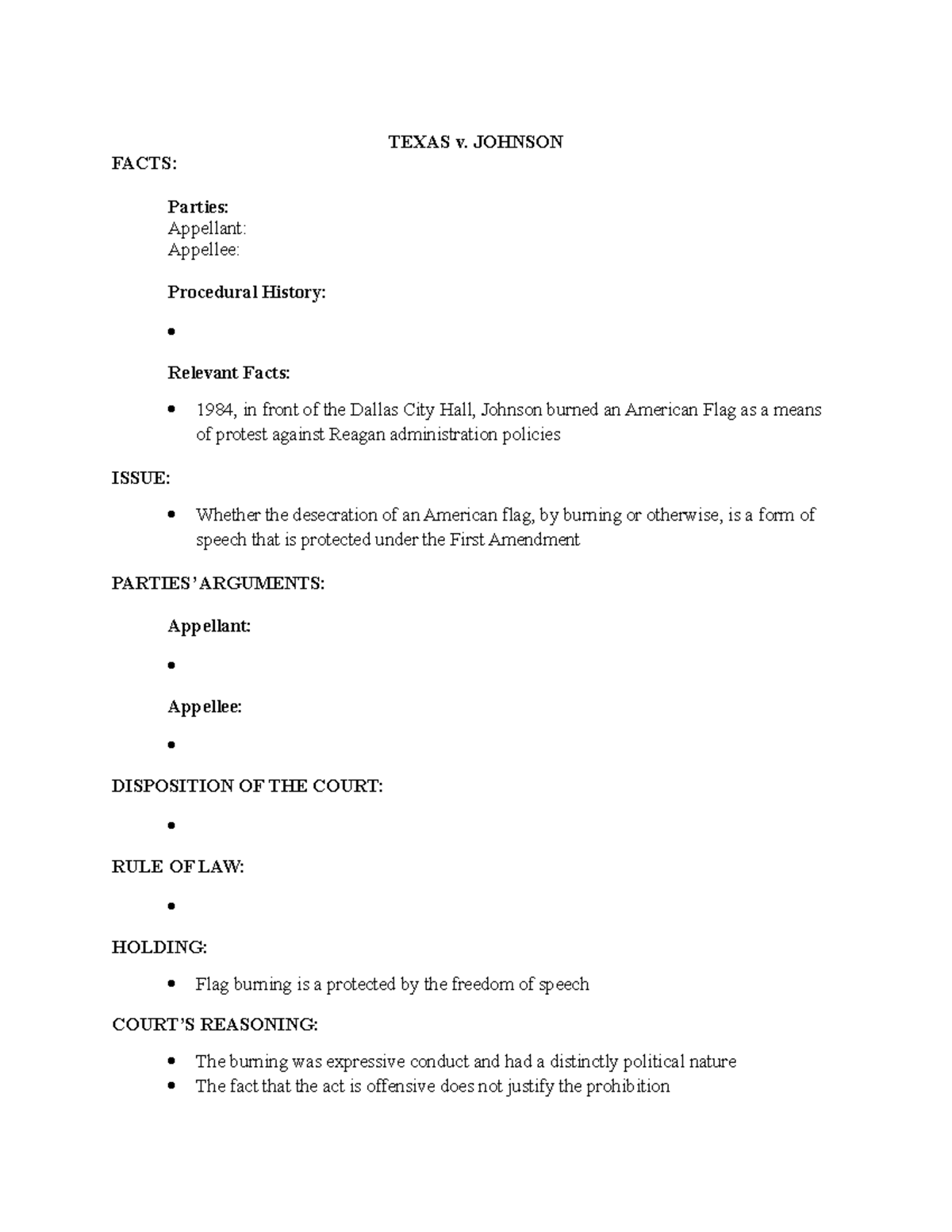 Texas v. Johnson - Lecture notes 19 - TEXAS v. JOHNSON FACTS: Parties ...