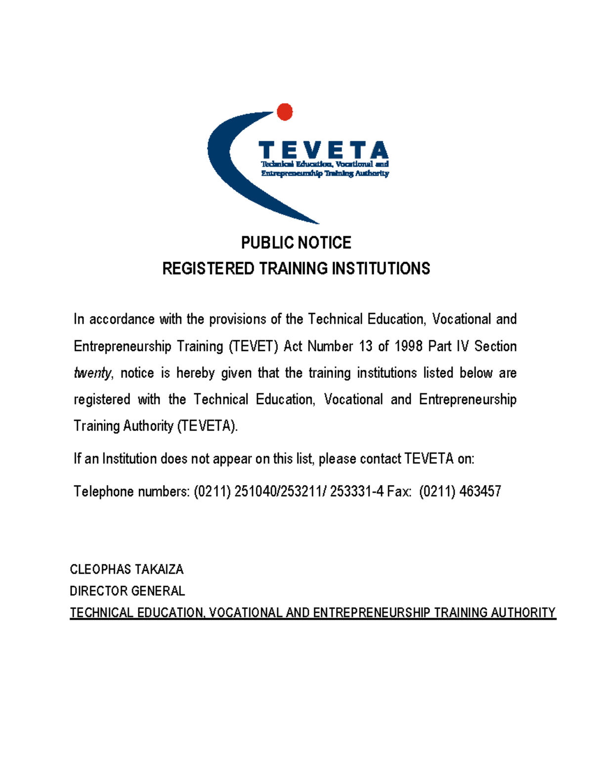 Teveta registered institutions - PUBLIC NOTICE REGISTERED TRAINING ...