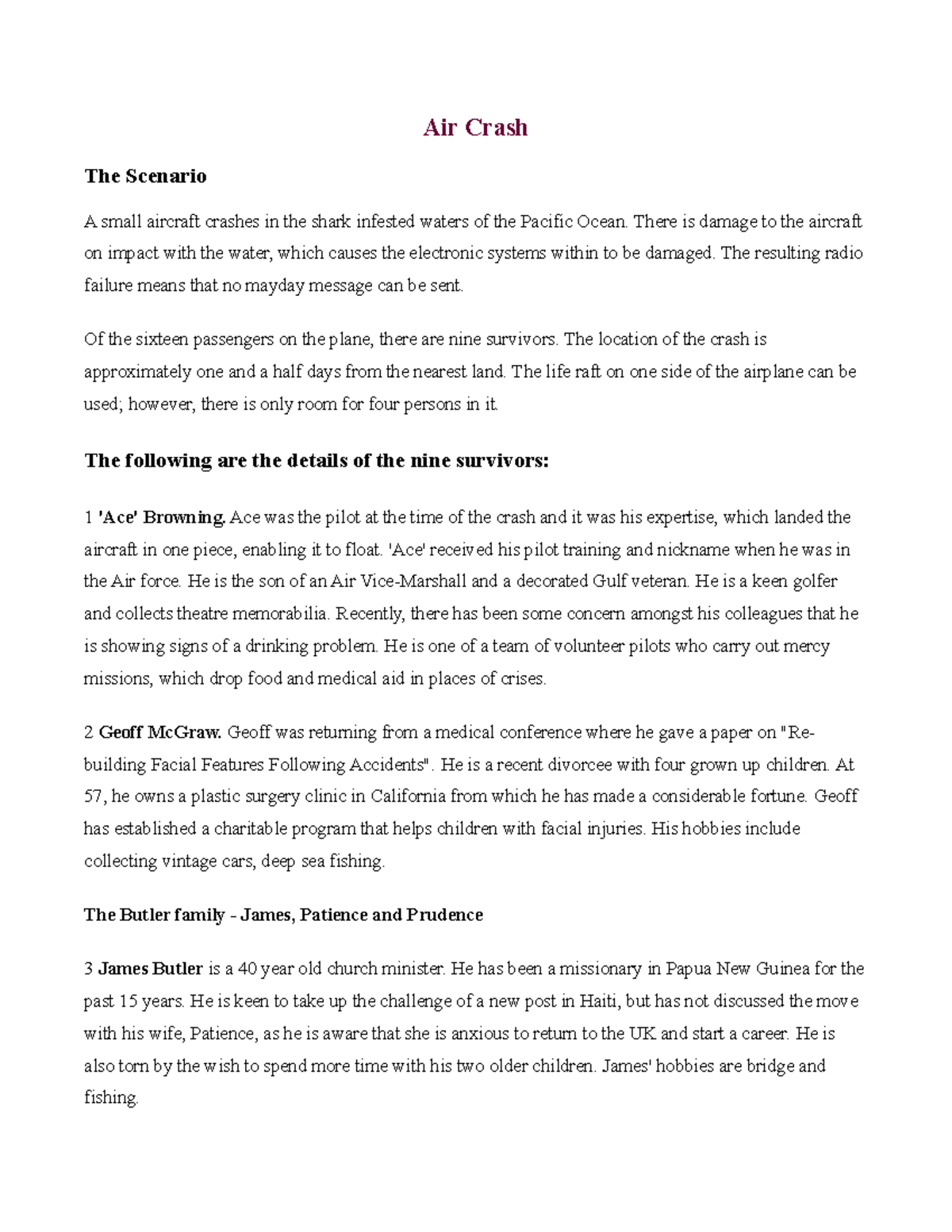 Air Crash People Scenario Worksheet assignment 1 - Air Crash The ...