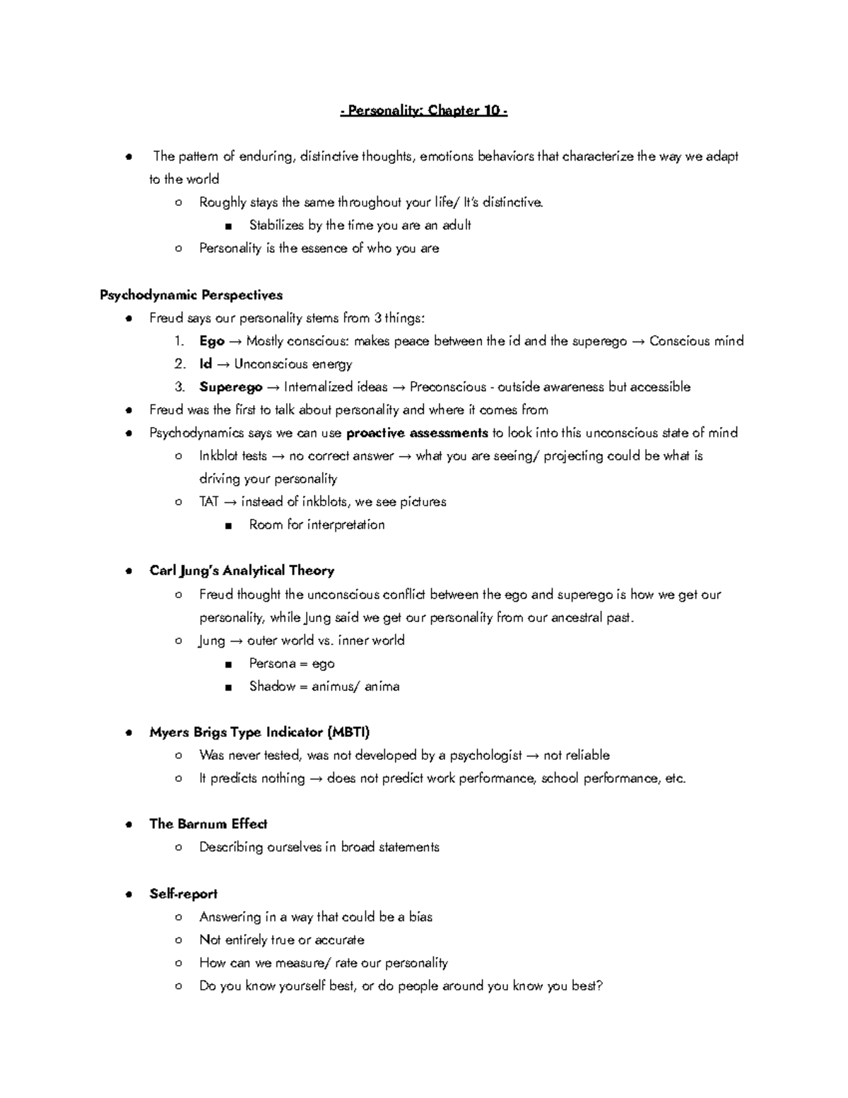 Psych 100 Chapter 10: Personality - Personality: Chapter 10 - The ...