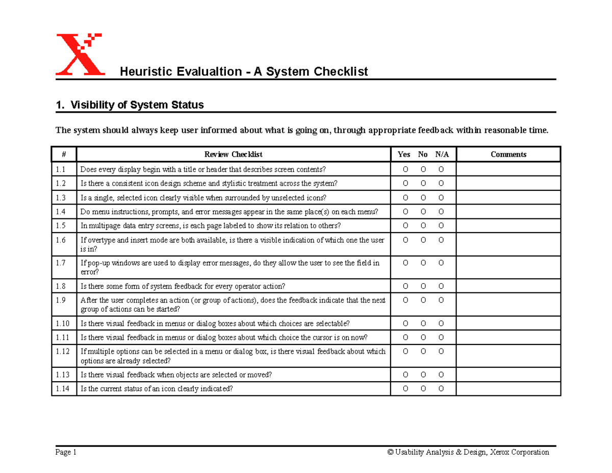 Checklist - Heuristic Evalualtion - A System Checklist 1. Visibility of ...