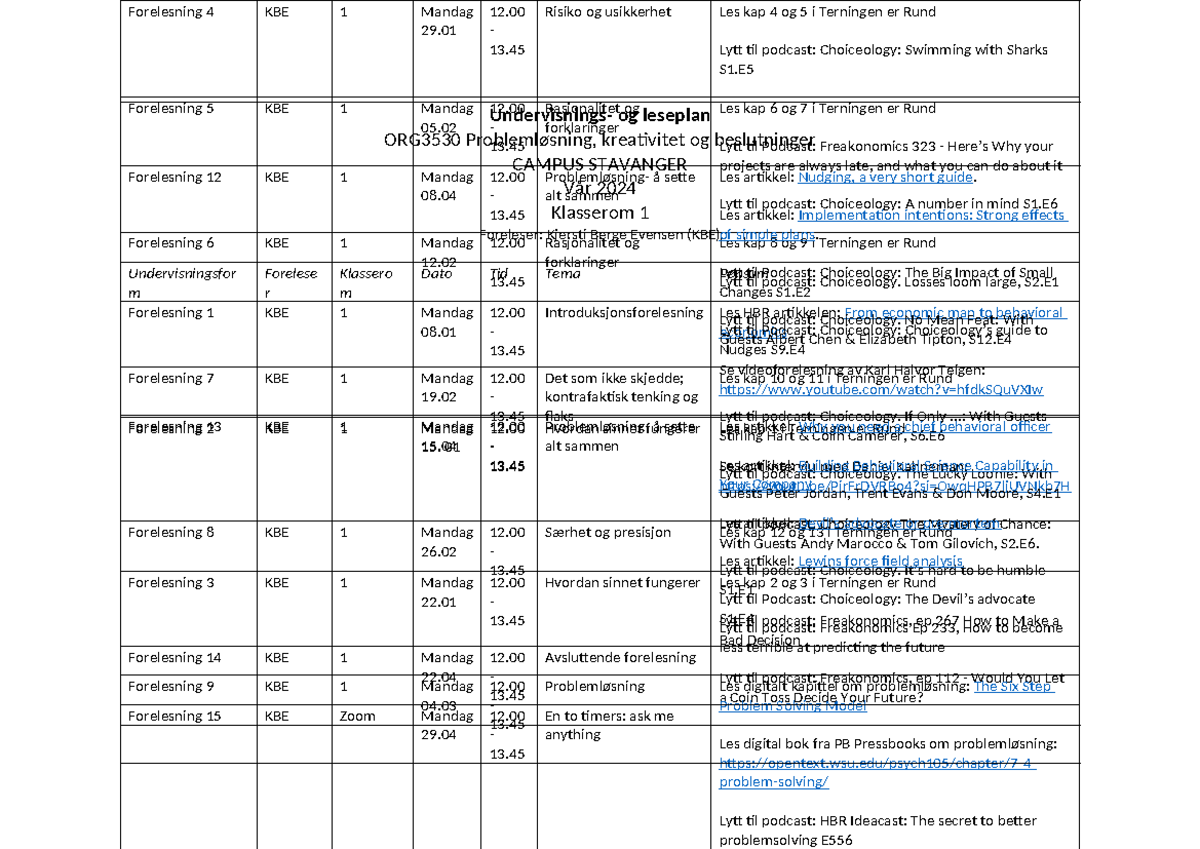 Undervisningsplan campus Stavanger - Undervisnings- og leseplan ORG3530 Problemløsning ...