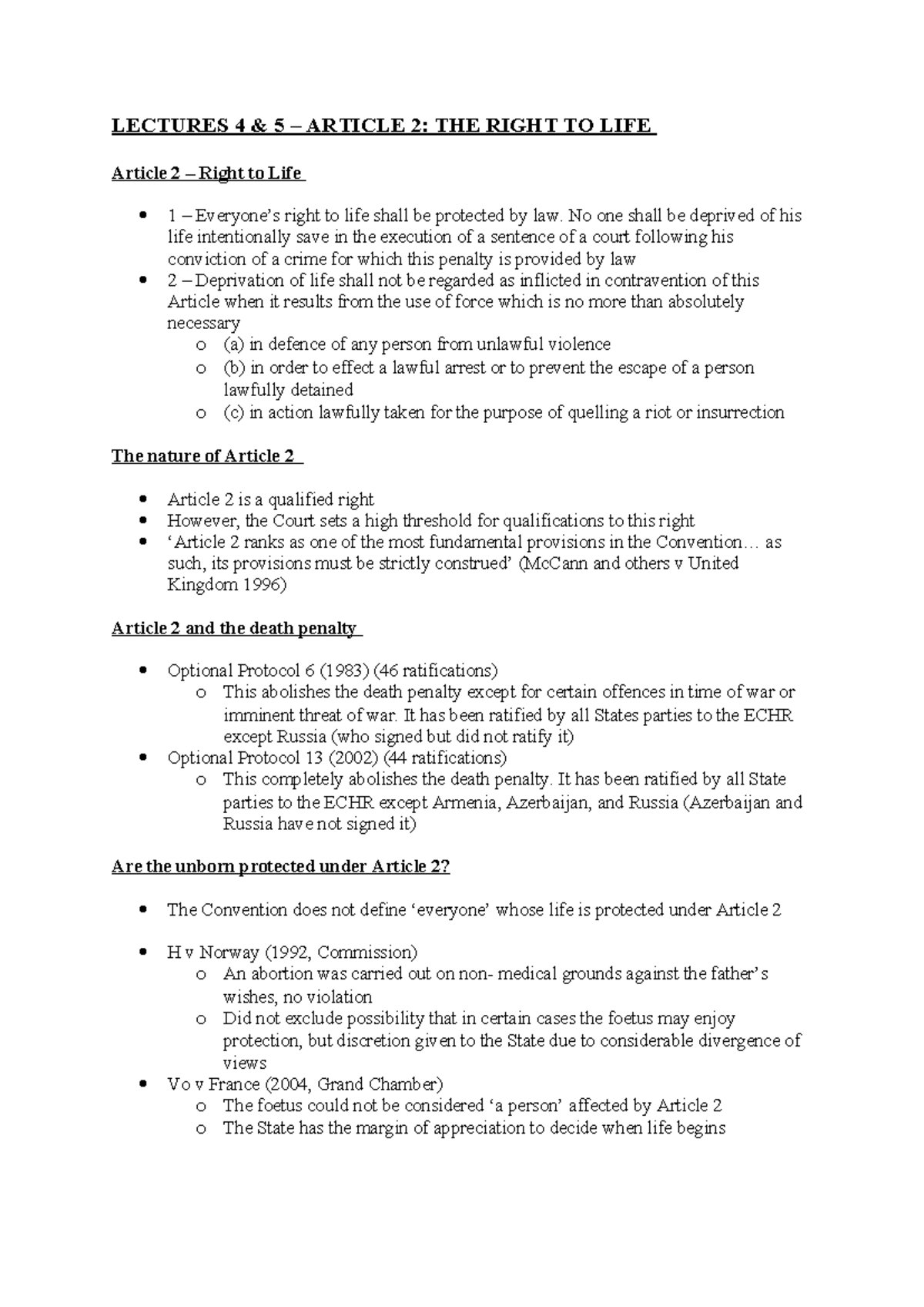 Lecture 4&5 - The Right to Life - LECTURES 4 & 5 – ARTICLE 2: THE RIGHT ...