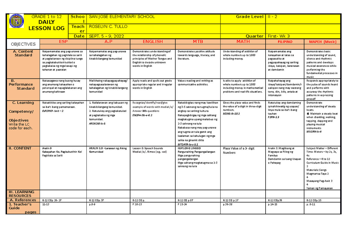 WEEK3 - dll for grade 2 - GRADE 1 to 12 DAILY LESSON LOG Schoo l SAN ...