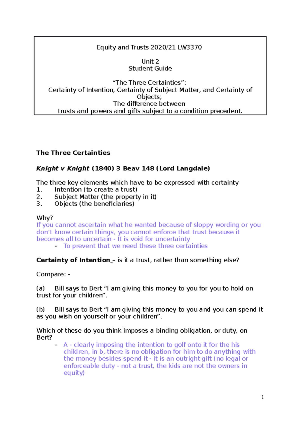 Unit 2 The Three Certainties - Equity and Trusts 2020/21 LW Unit 2 Student Guide “ The Three ...
