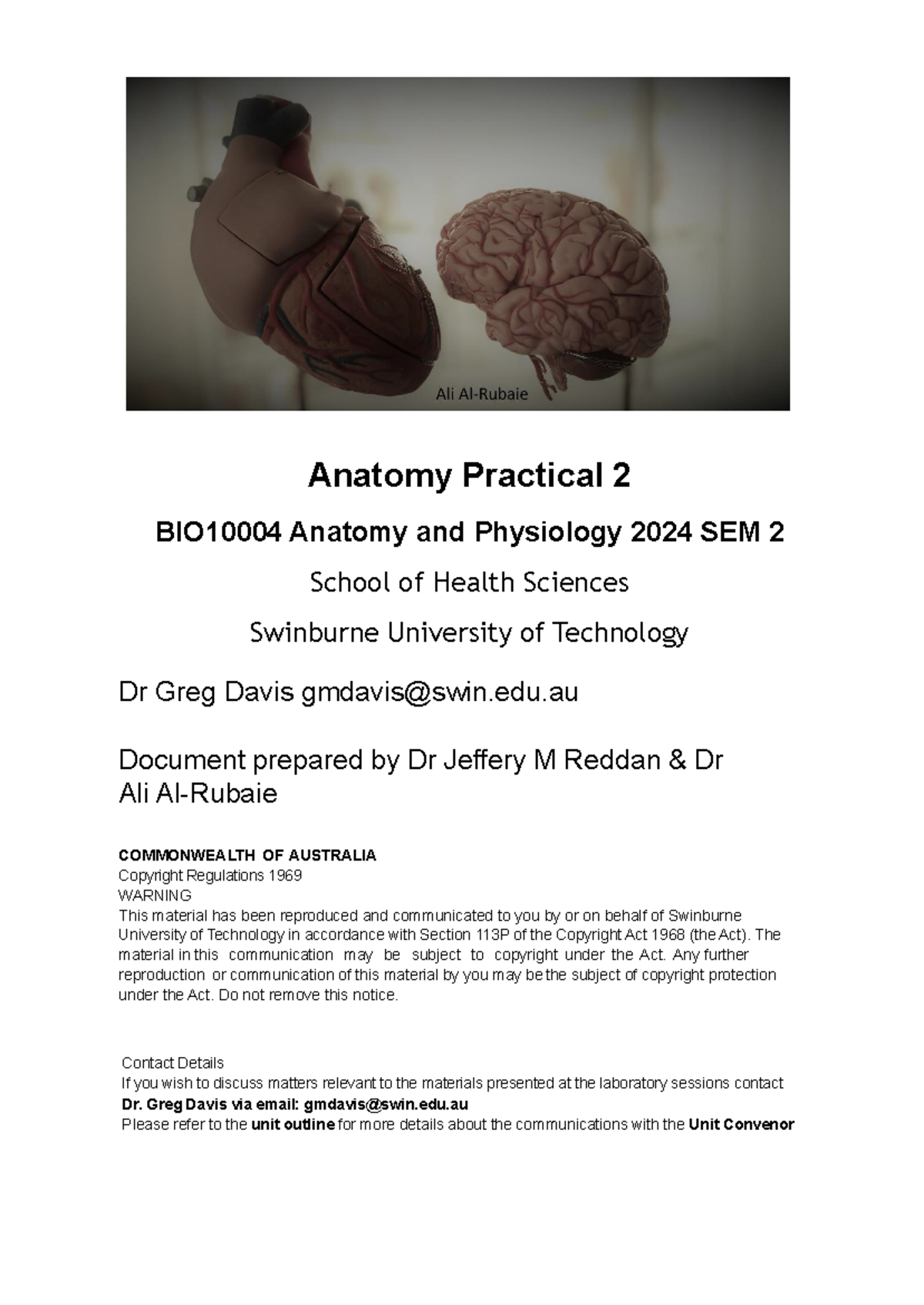 Practical worksheet 1 - Anatomy Practical 2 BIO10004 Anatomy and ...