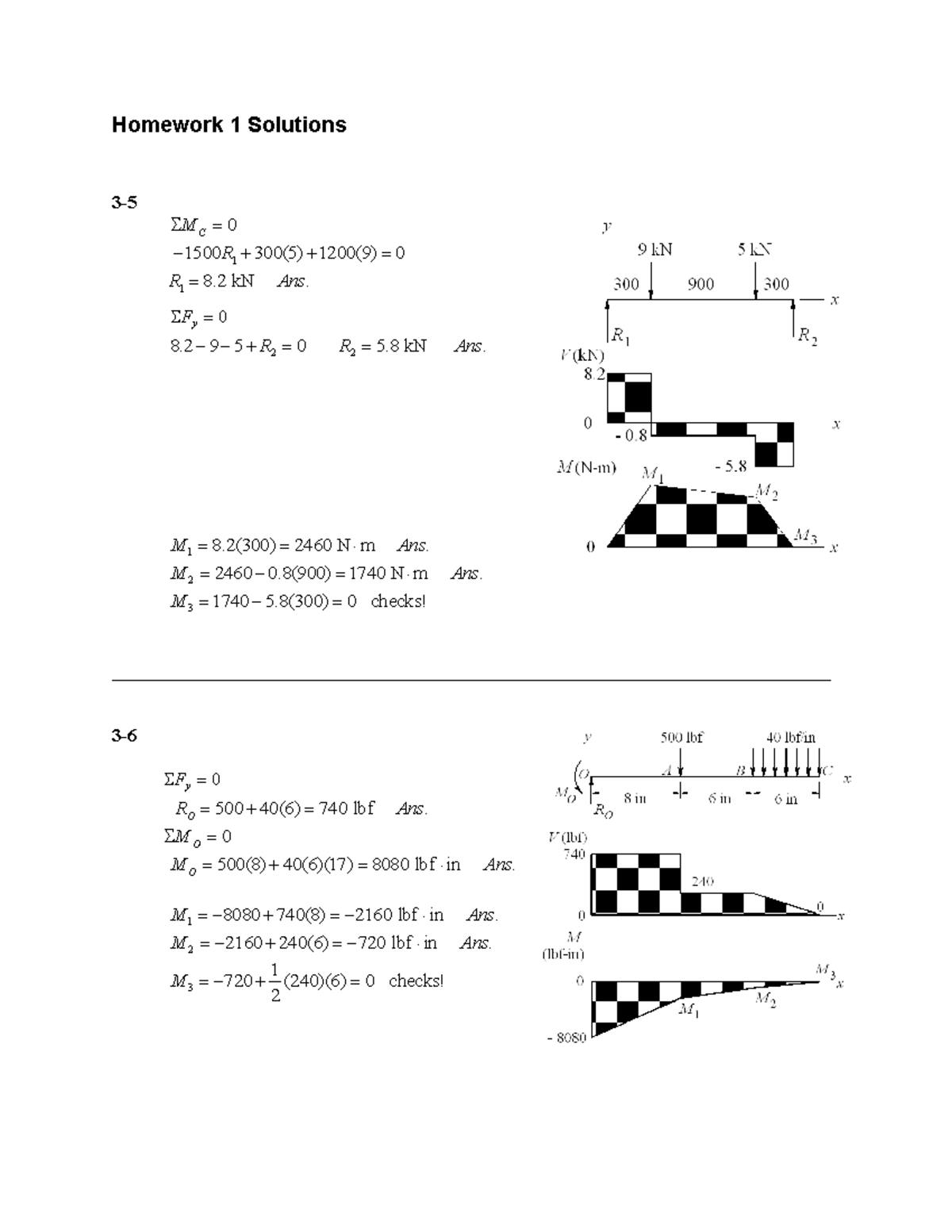 Homework 1 - Homework 1 Solutions 3-5 0 ΣM C= − 1500 R 1 + 300(5) + 1200(9) = 0 R 1 =8 kN Ans ...