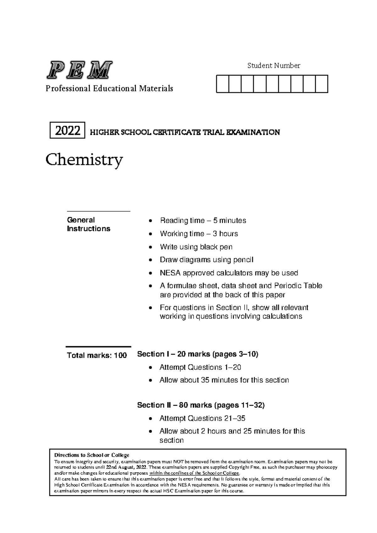 PEM 2022 Chemistry Trial HSC Examination Paper - Professional ...