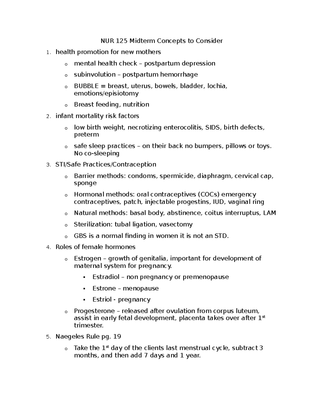 NUR 125 Midterm Concepts to Consider - health promotion for new mothers o mental health check ...