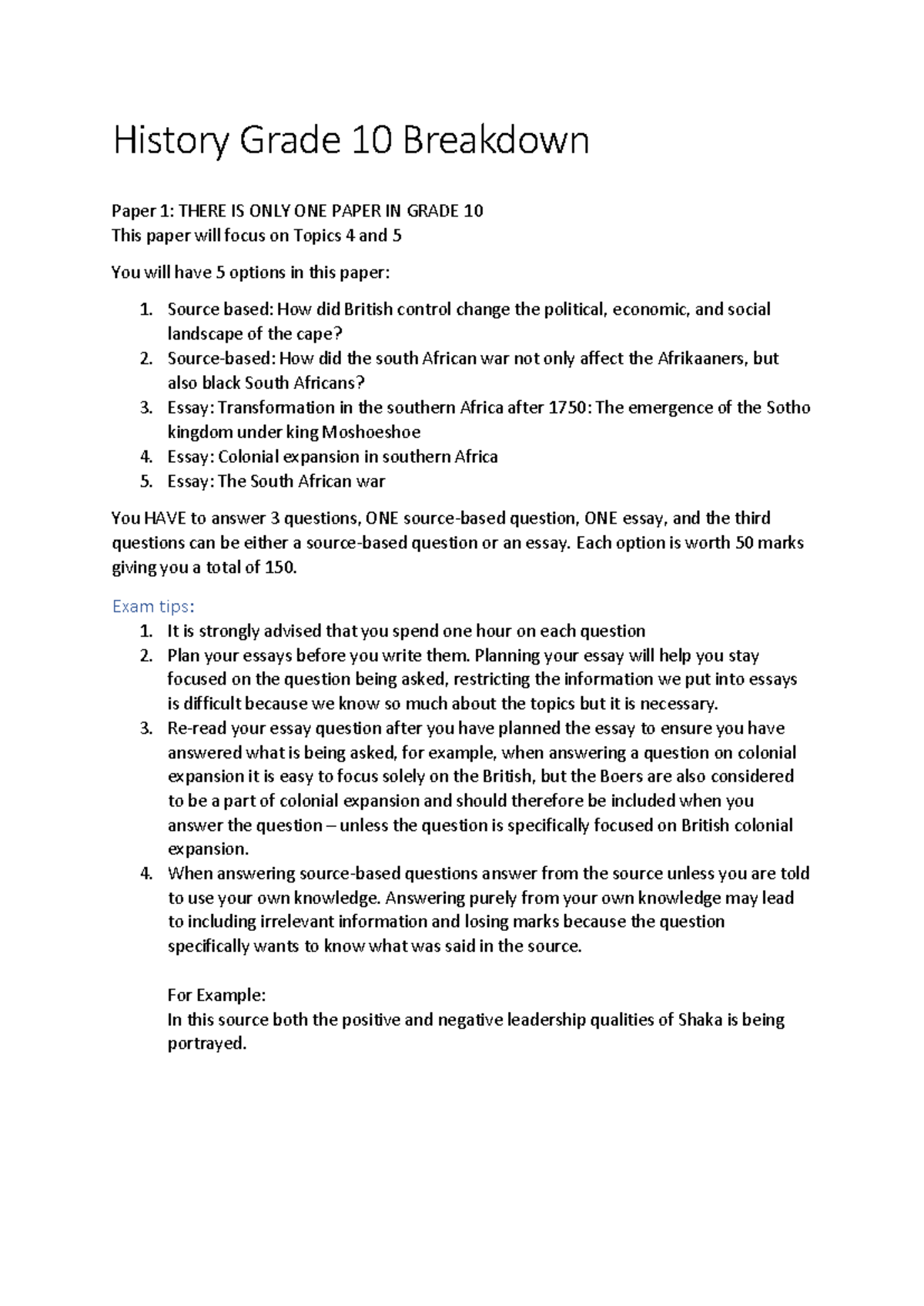 Grade 10 History Breakdown - History Grade 10 Breakdown Paper 1: THERE ...