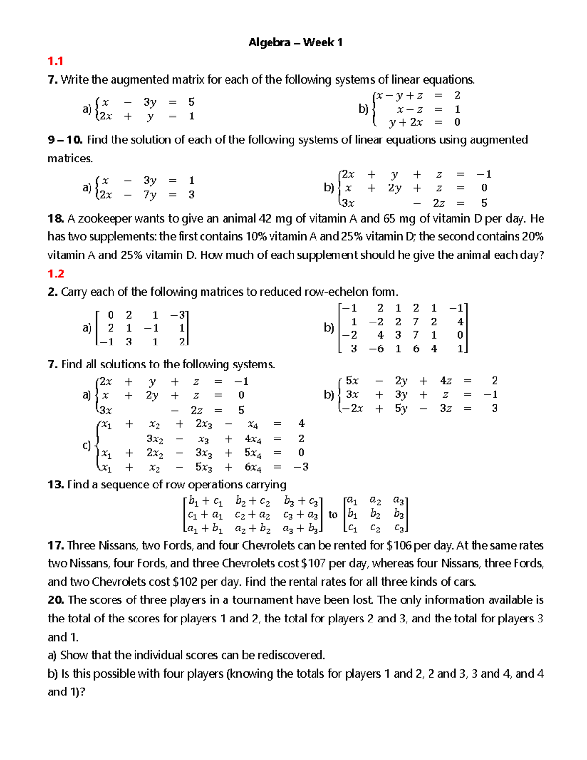 Linear Algebra Ex1 - Algebra – Week 1 1. 7. Write the augmented matrix ...