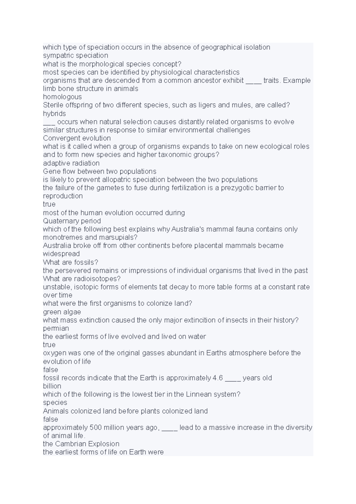 Lecture quiz - which type of speciation occurs in the absence of ...