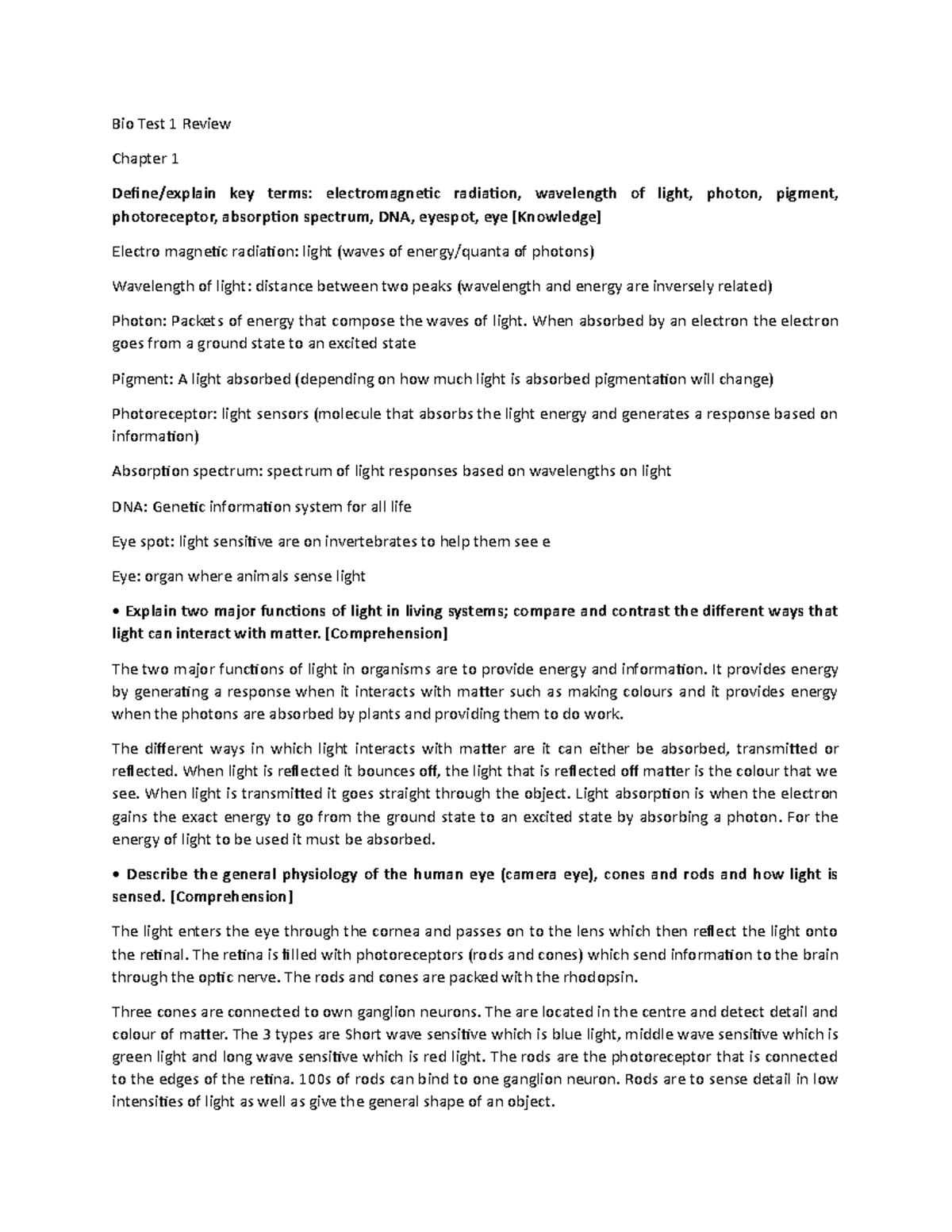 Test review - Cell/Molecular Bio Coll - Bio Test 1 Review Chapter 1 ...