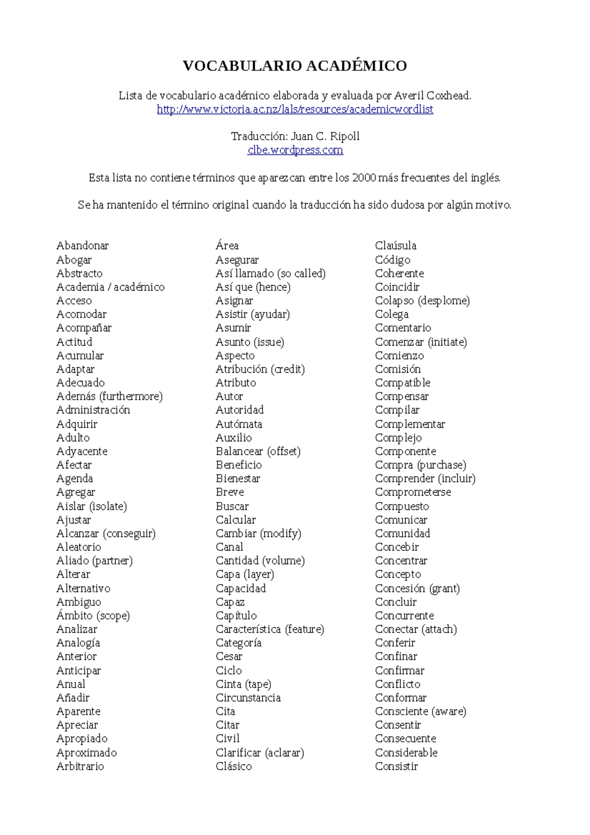 Vocabulario-acadc 3a9mico - VOCABULARIO ACADÉMICO Lista de vocabulario ...