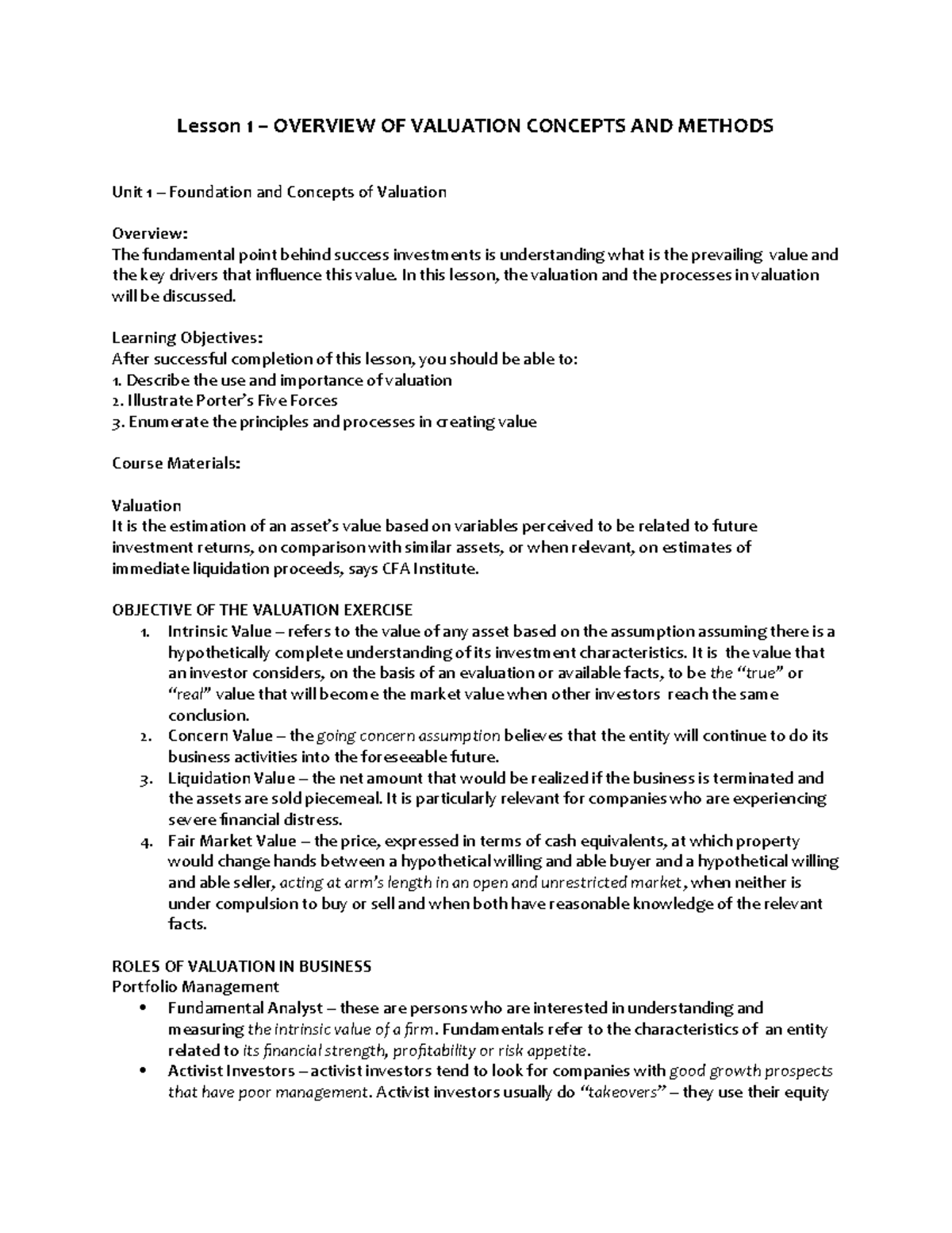 Lesson 1 Overview OF Valuation Concepts and Methods - Lesson 1 ...